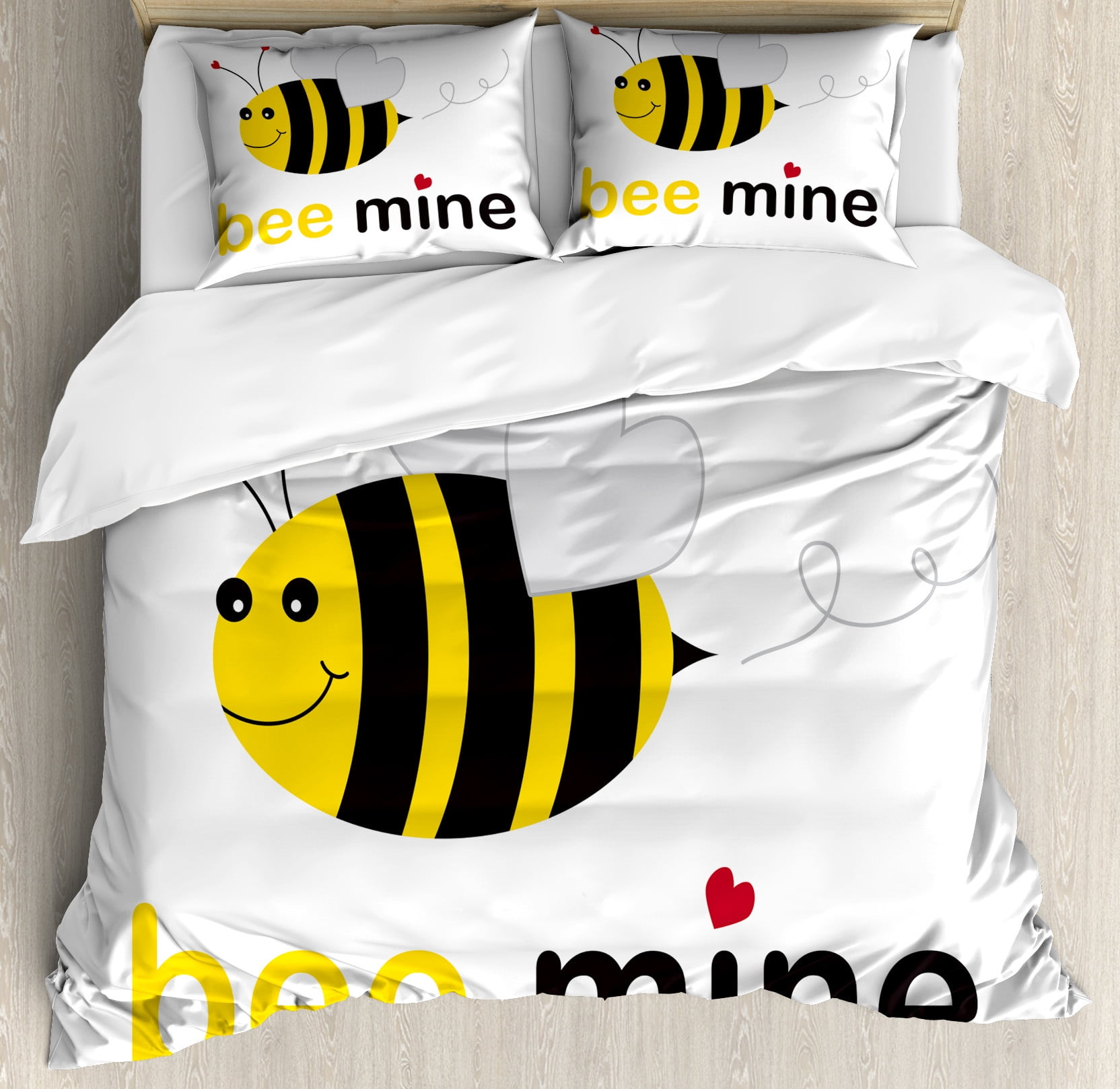 Honey Bee Duvet Cover Set, Bee Mine Romantic Cartoon Concept Heart ...