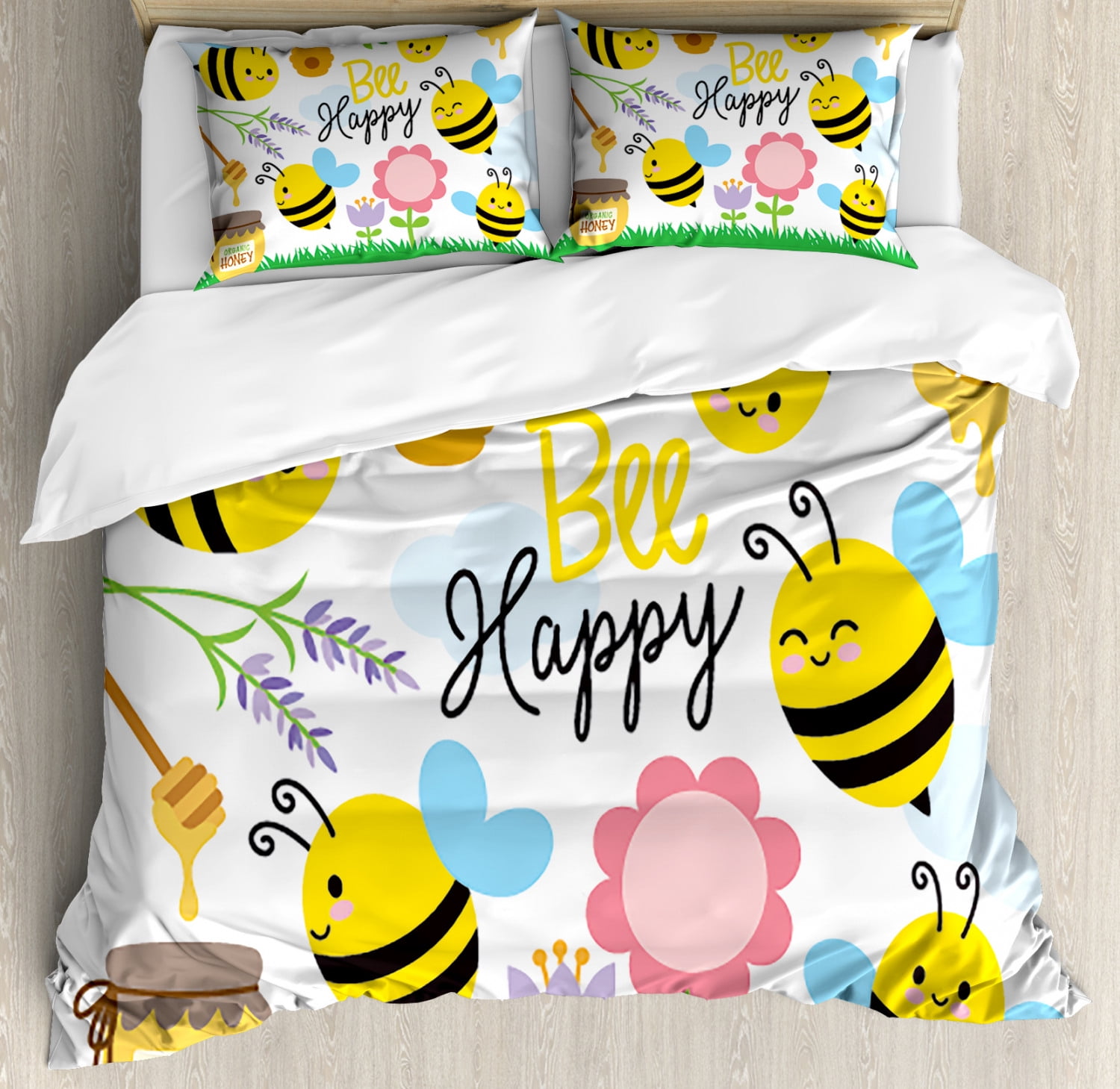 Honey Bee Duvet Cover Set Queen Size, Cartoon Style Illustration of a ...