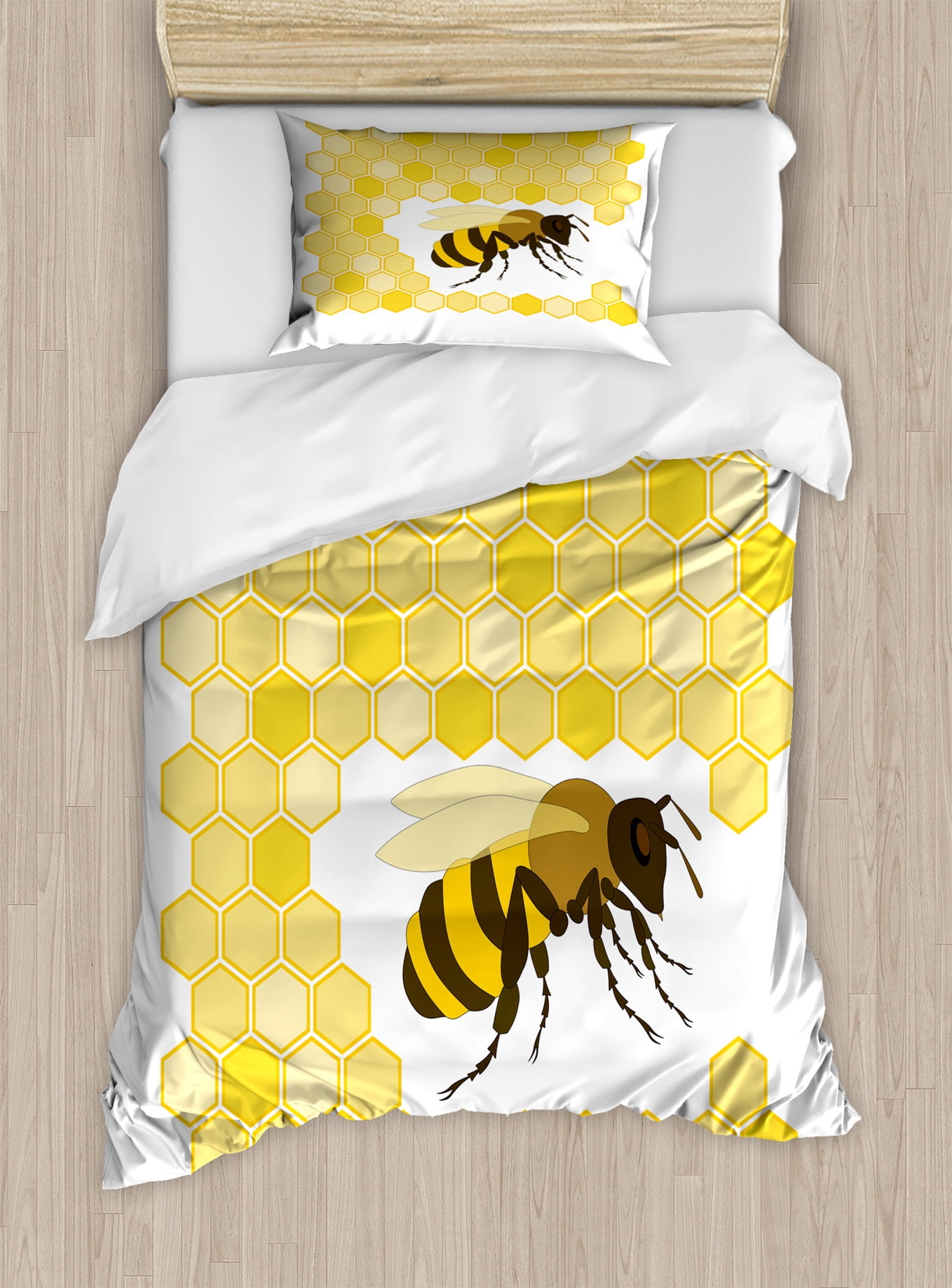 Honey Bee Duvet Cover Set, Single Bug Silhouette with Monochrome ...