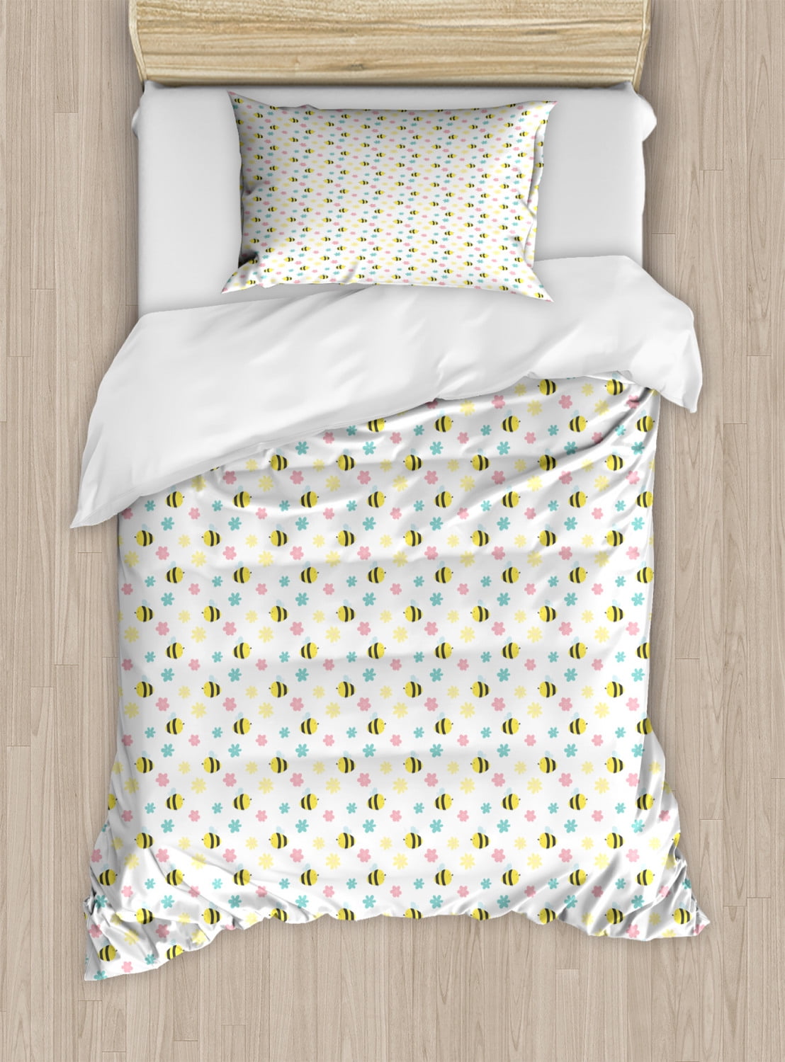 Honey Bee Duvet Cover Set Twin Size, Spring Time Flowers and Buzzing ...