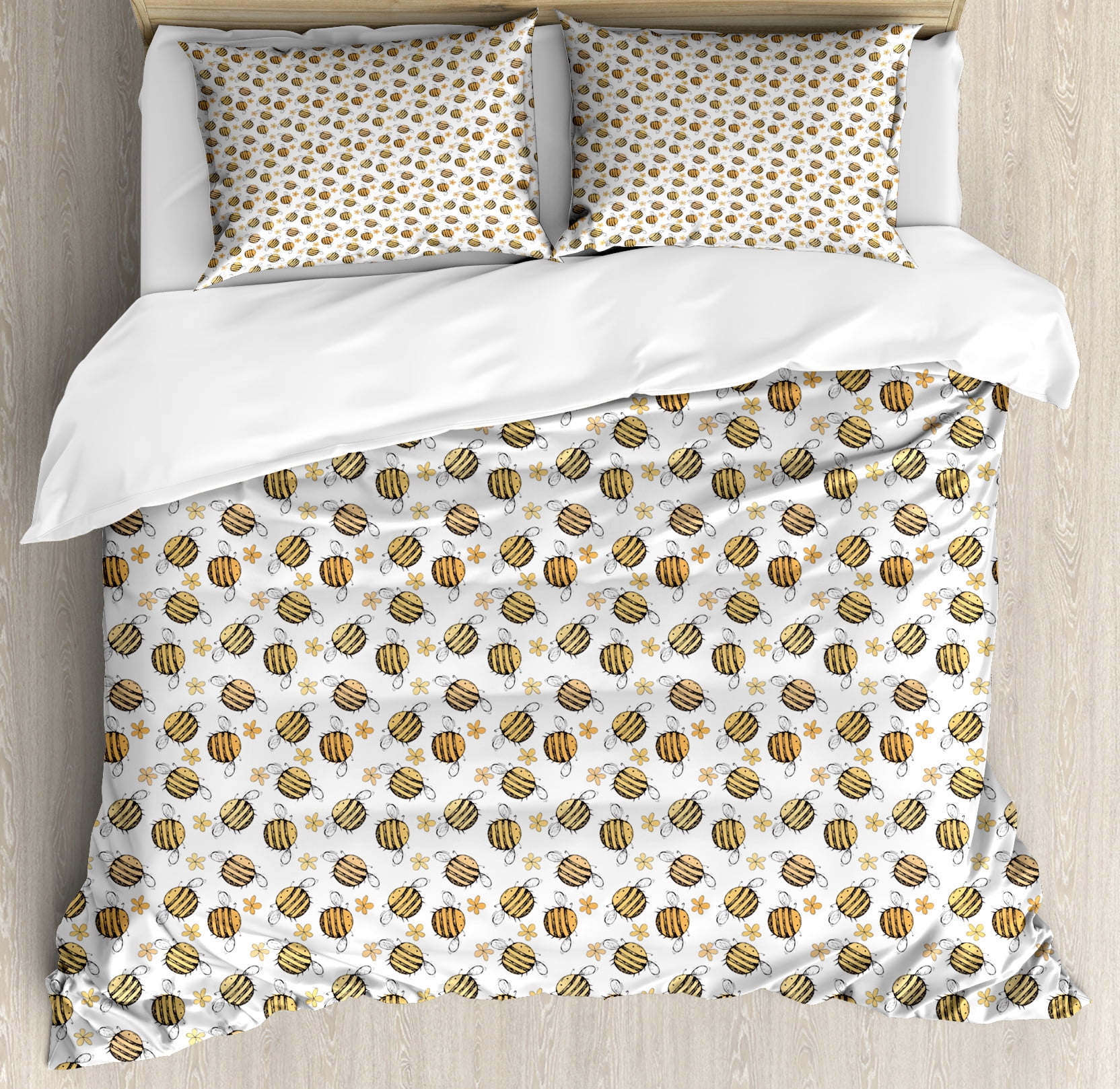 Honey Bee Duvet Cover Sets, Flowers and Insect Silhouettes Drawn by ...