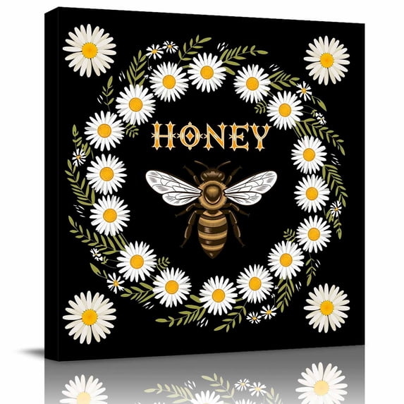 Honey Bee Framed Canvas Wall Art, Retro White Daisy Wreath Leaf Black ...