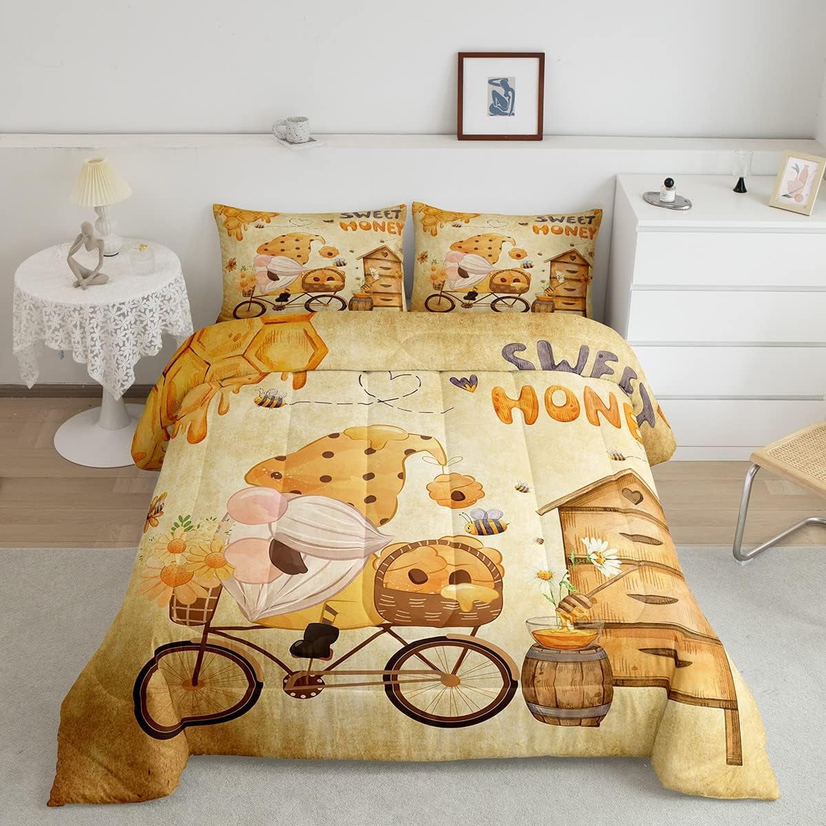 Honey Bee Gnome Bedding Set Queen,Retro Wooden House Duvet Set for ...
