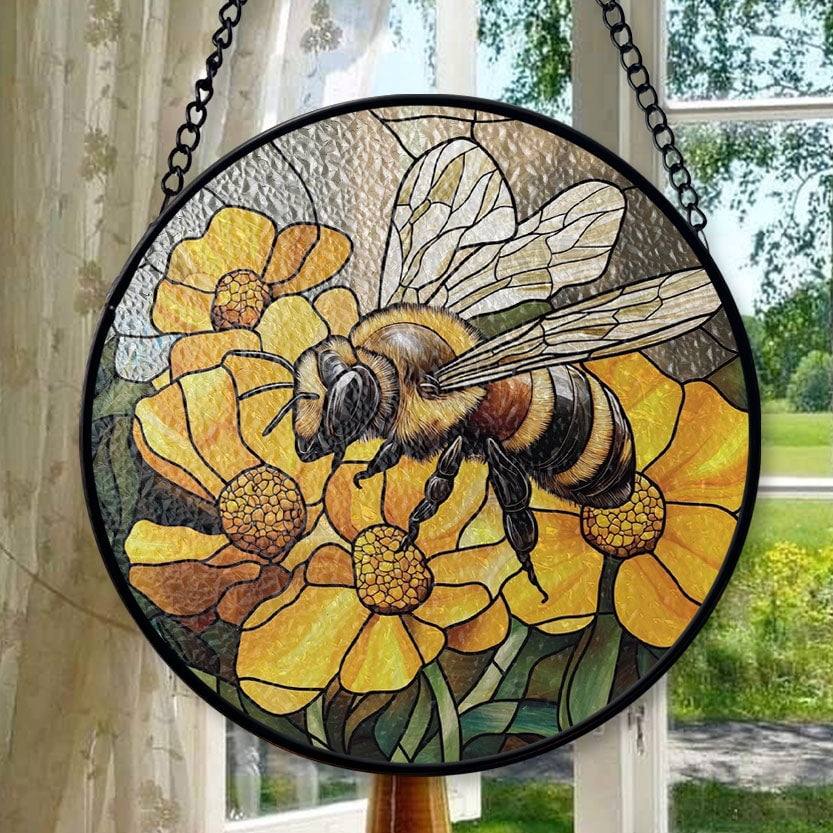 Honey Bee And Hive Stained Glass Suncatcher, Floral Wreath Sign, Window ...