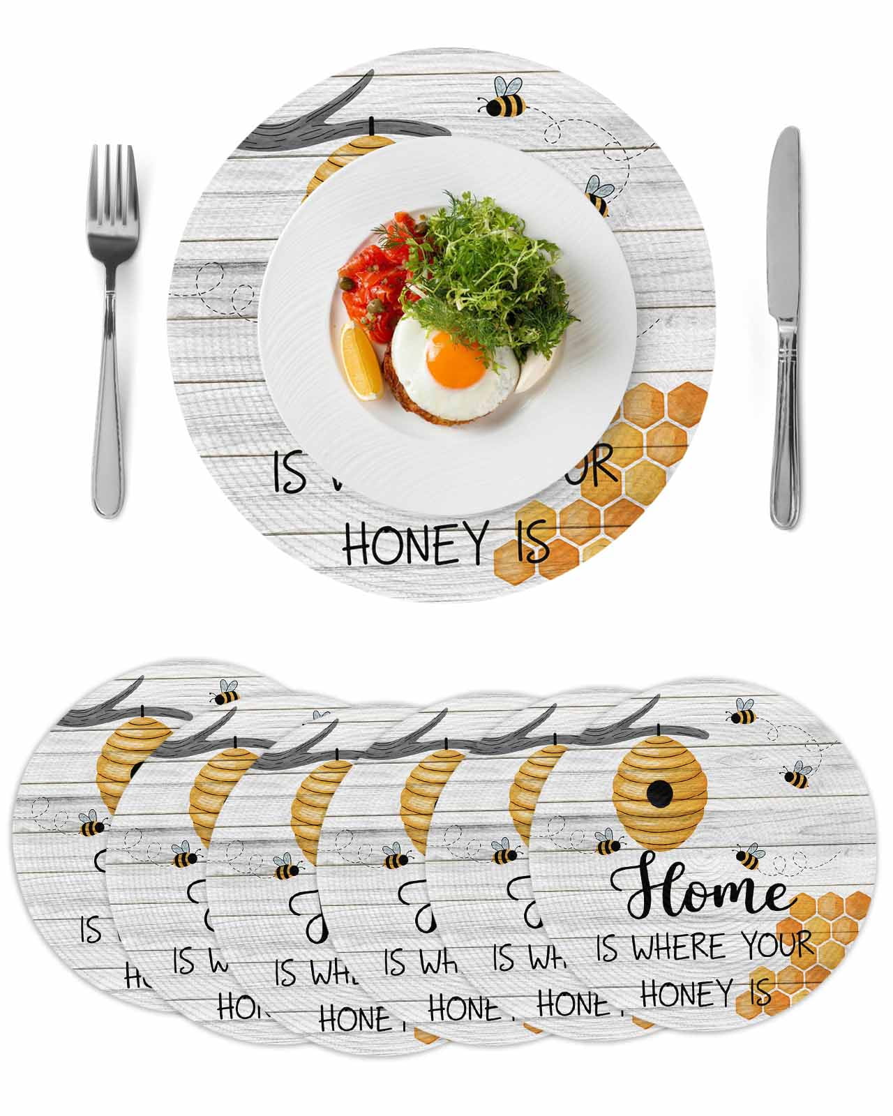 Honey Bee Home Quotes Round Table Placemats set of 6, Country Rustic ...