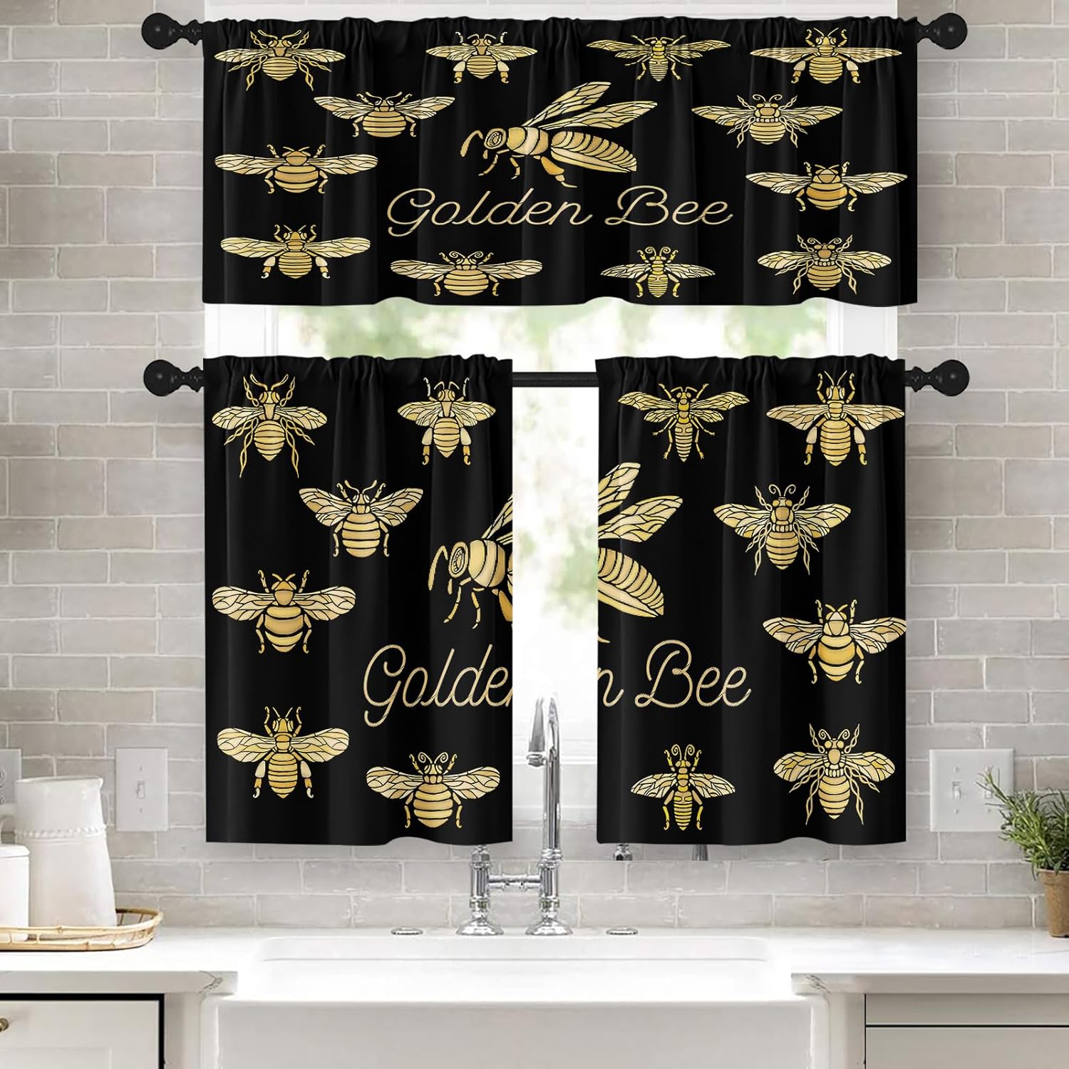 Honey Bee Kitchen Curtains Golden Black Window Curtains Valance and ...