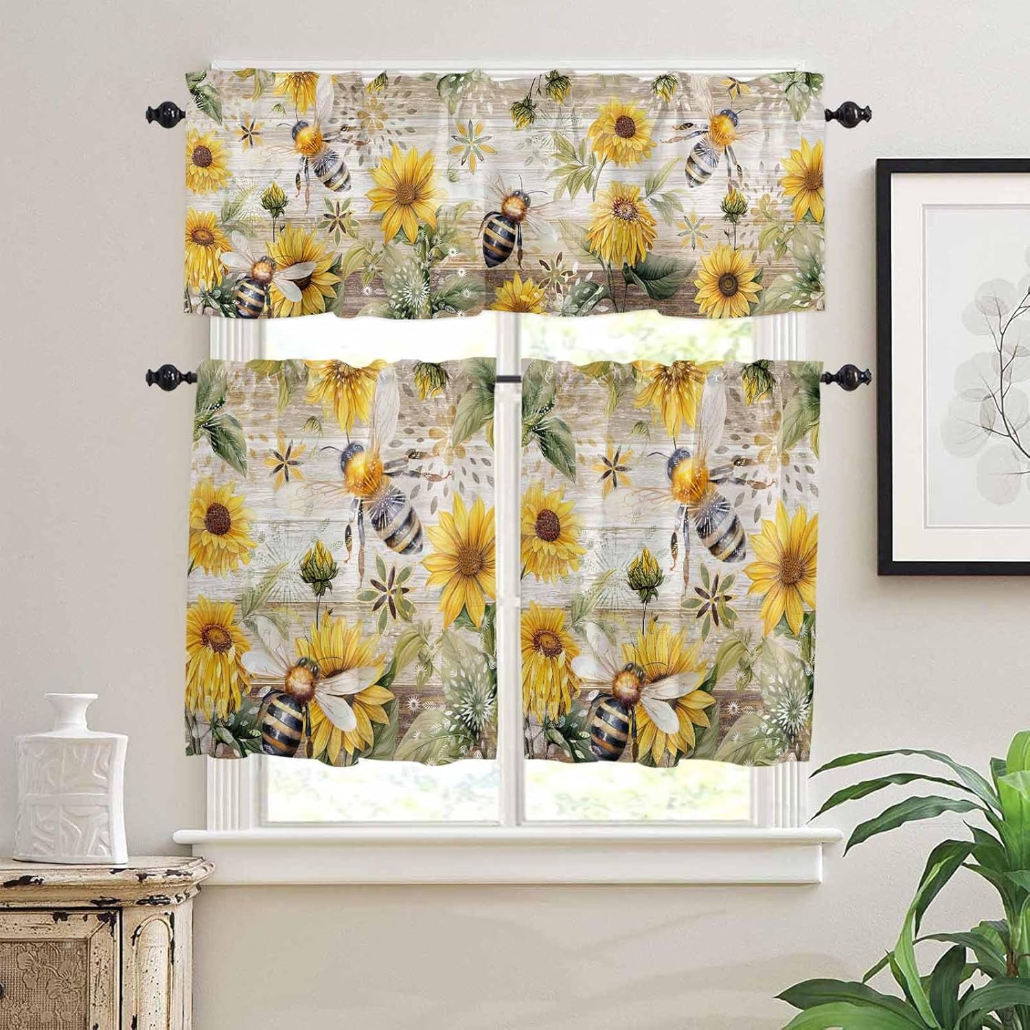 Honey Bee Kitchen Window Curtain Set with Tiers and Valance 3 Pieces ...