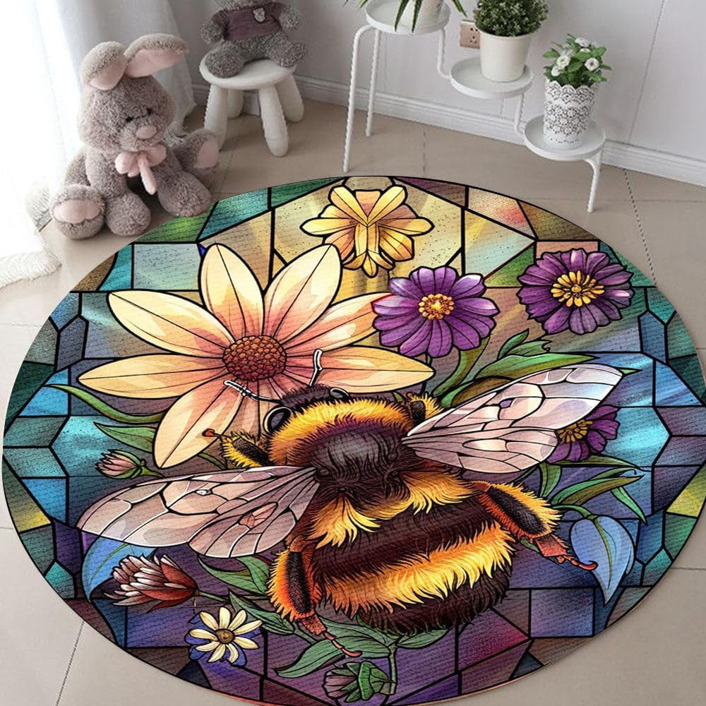 Honey Bee Print Round Rug, playful insect area carpet for living room ...