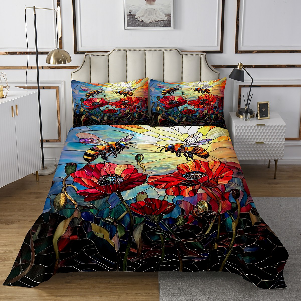 Honey Bee Queen Size Red Poppy Flowers Rustic Garden Botanical Quilted 3 Pieces Coverlet Set ...