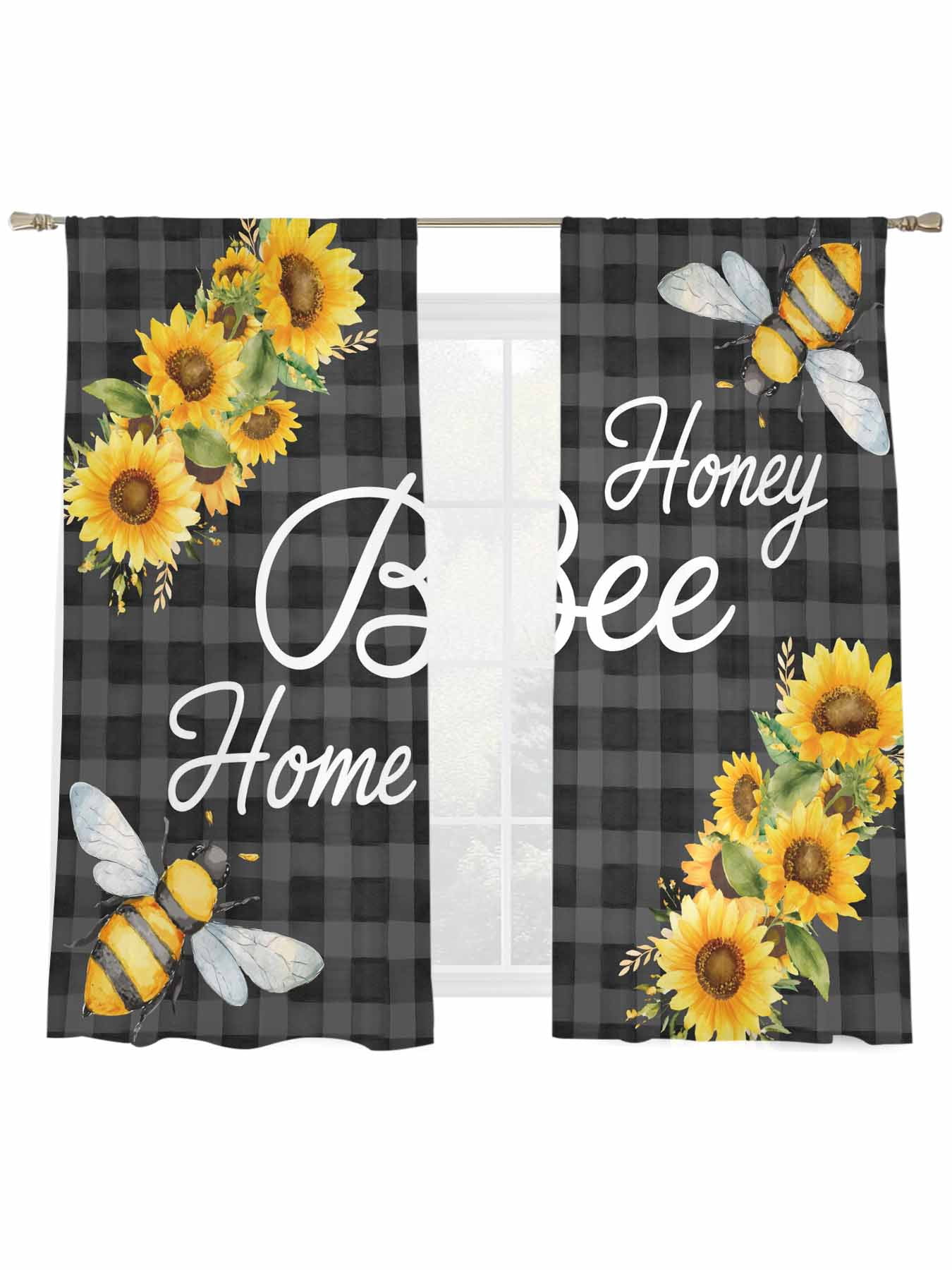 Honey Bee Sheer Curtains 2 Panels Set Spring Flowers Farm Plants ...