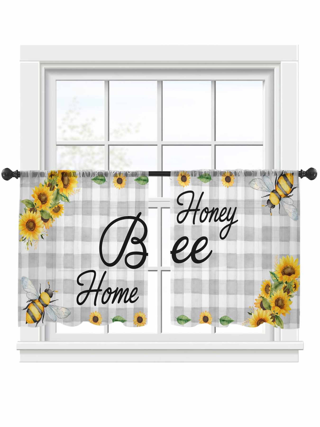 Honey Bee Sheer Curtains 2 Panels Set Spring Flowers Farm Plants ...