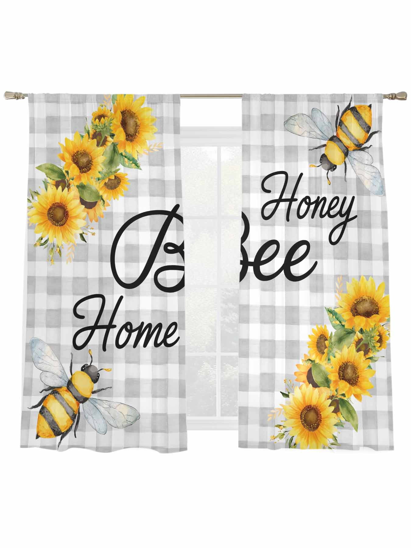 Honey Bee Sheer Curtains 2 Panels Set Spring Flowers Farm Plants ...