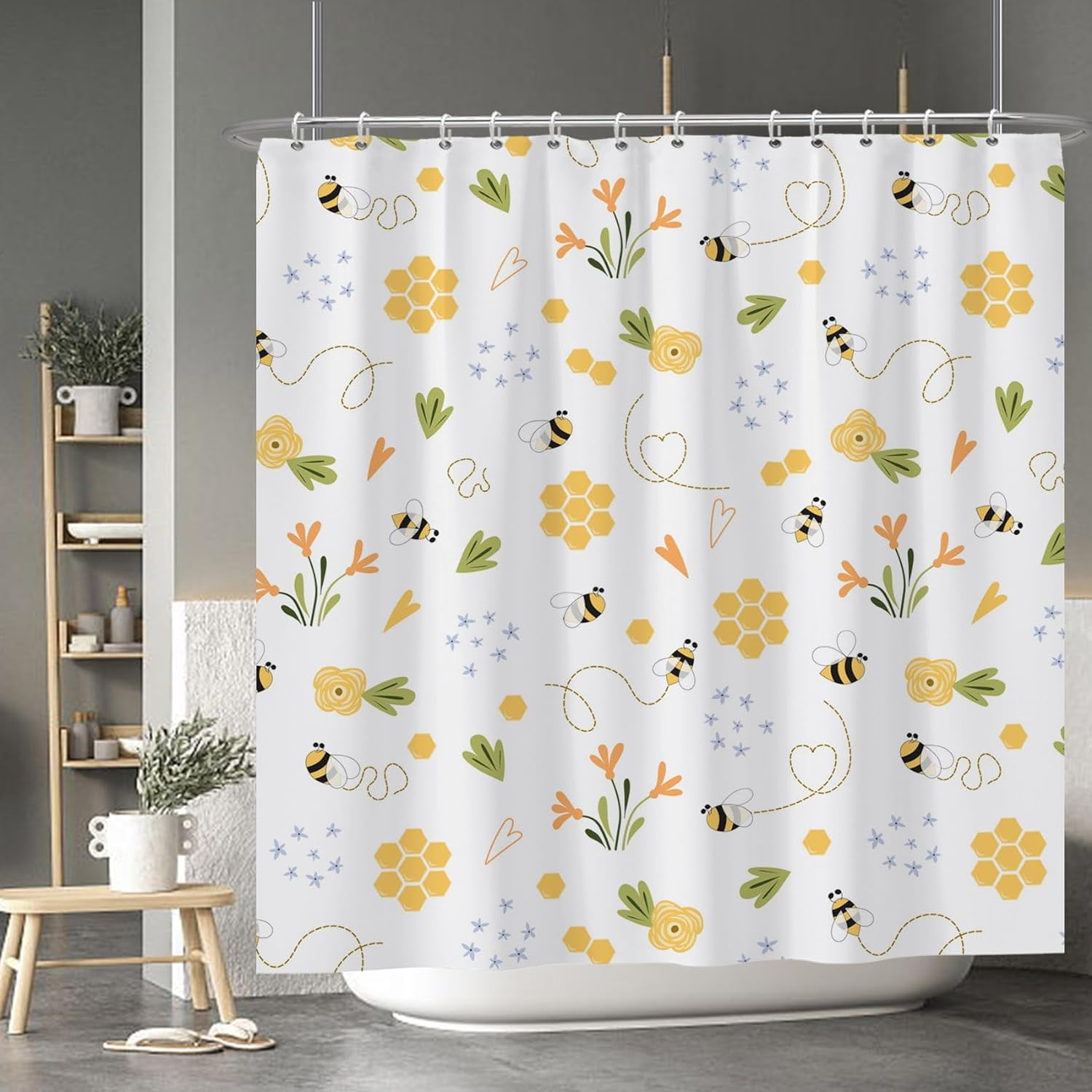 Honey Bee Shower Curtain Cartoon Beehive Bee Flying Track Rustic Floral Farmhouse Shower ...