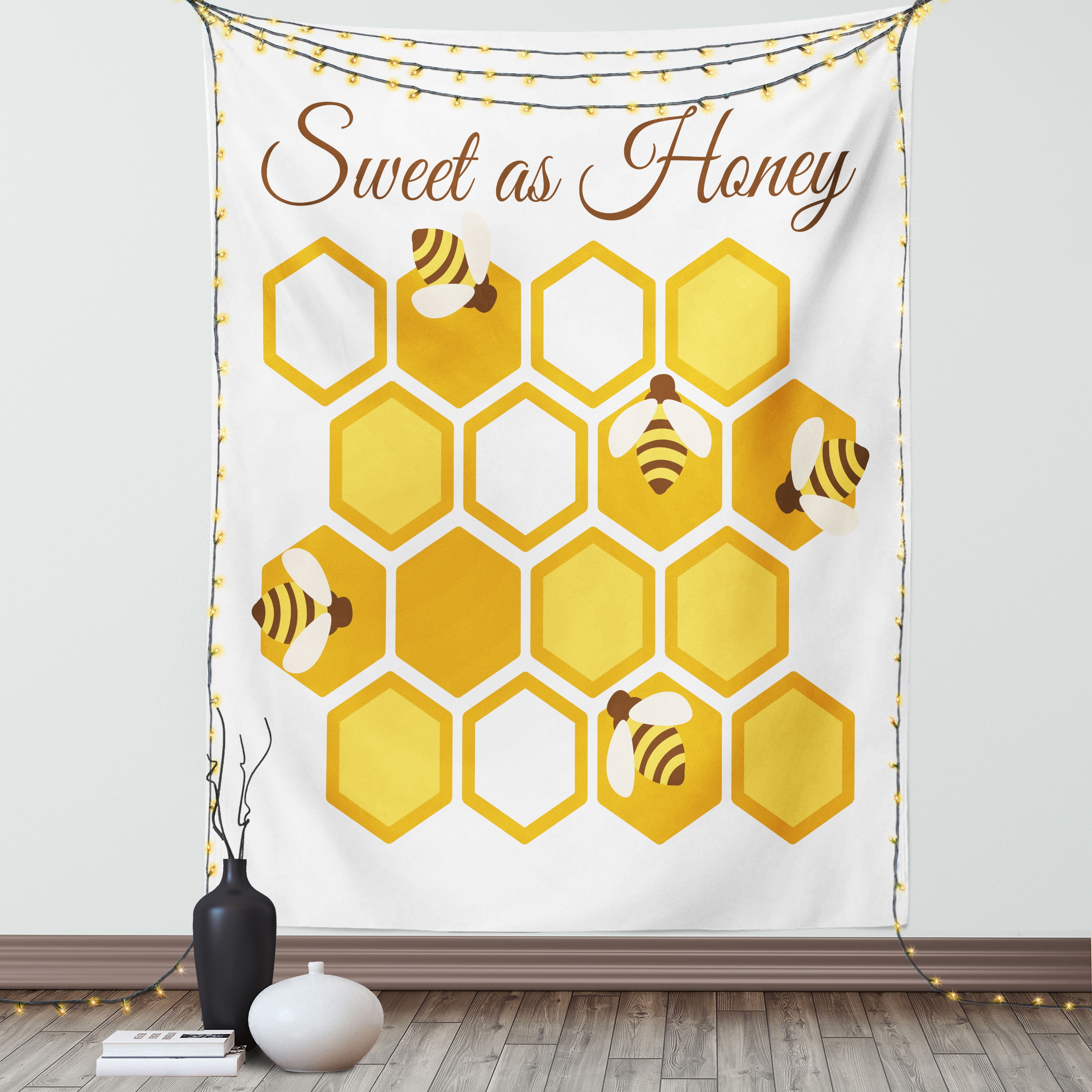 Honey Bee Tapestry, Cursive Calligraphy and Beehive Hexagons Graphic ...