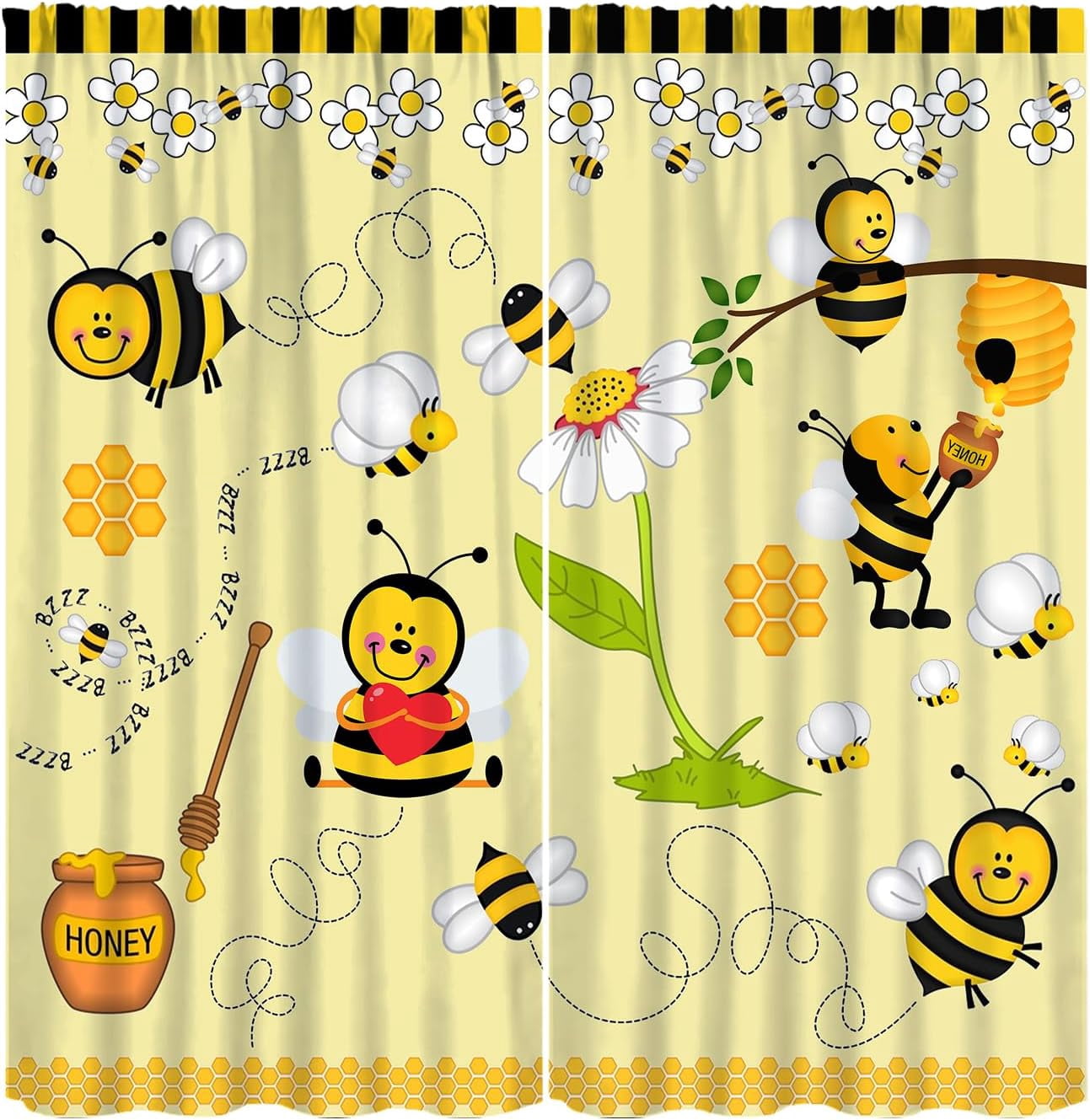 Honey Bees Curtains for Kids Rooms, Cartoon Cute Bee Pattern Window ...