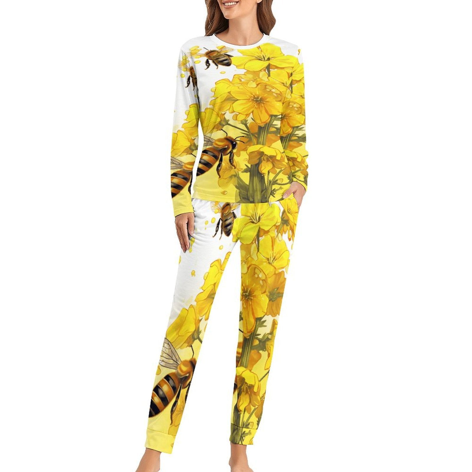 Honey Bees That Collect Nectar Pajamas 2 Pieces Pajama Sets Woman Long Sleeve Night Design ...