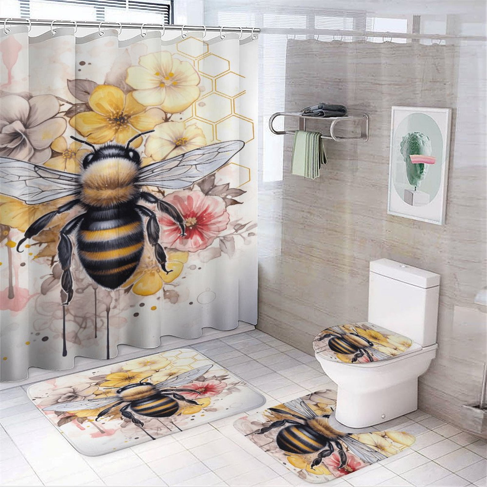 Honey Bees That Collect Nectar Shower Curtain And Rugs Mat Set For ...