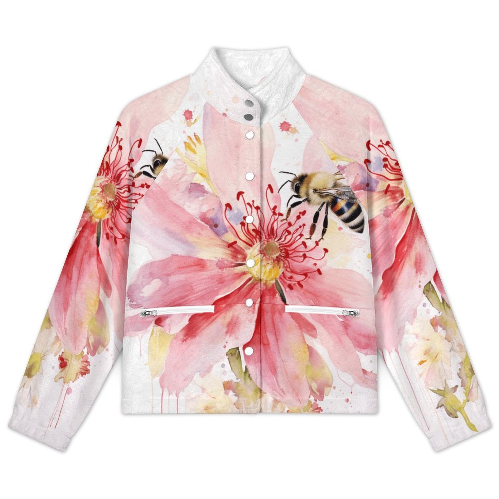 Honey Bees That Collect Nectar Warm Women's Plush Jacket Stand Collar ...