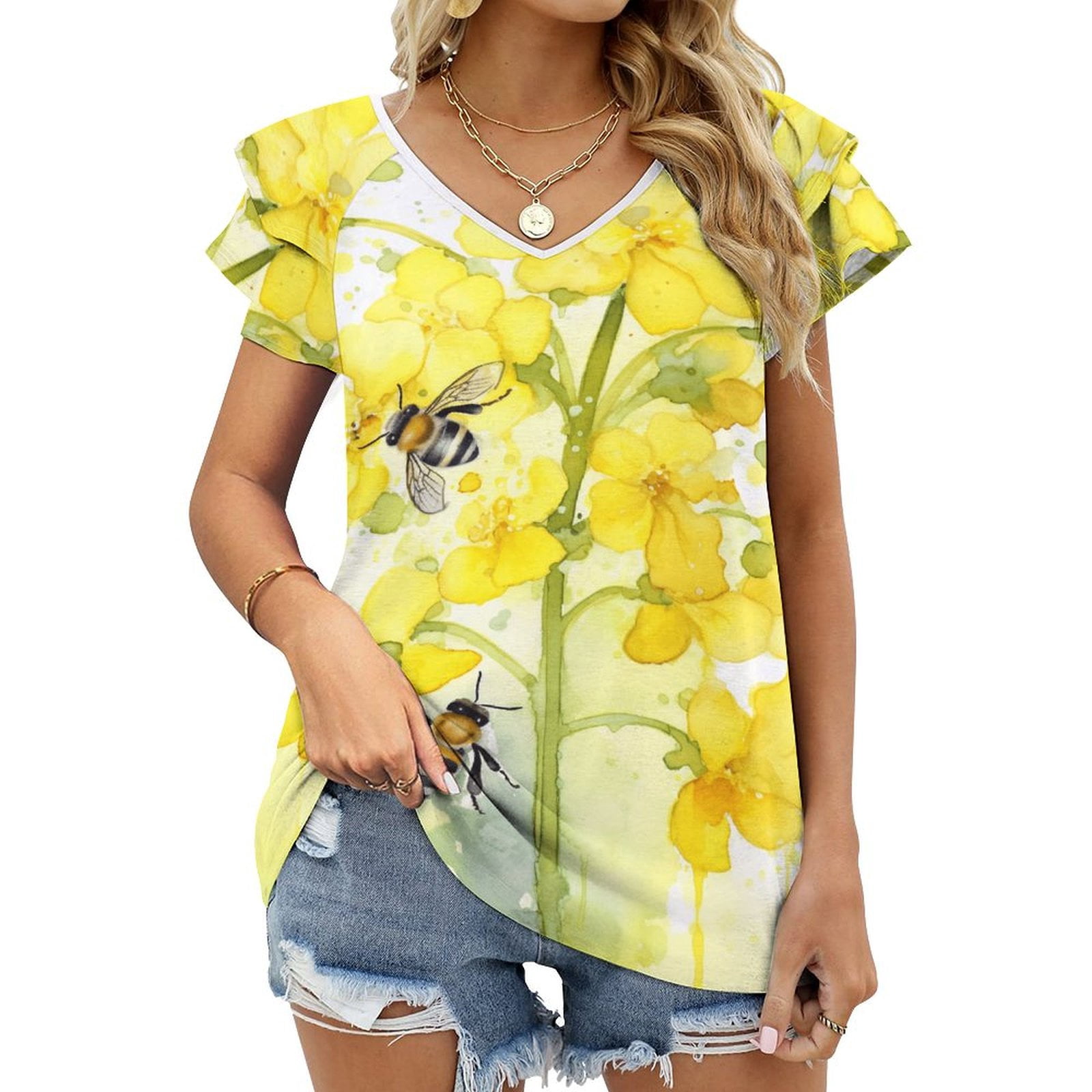 Honey Bees That Collect Nectar Women Lotus Leaf Neck Short Sleeve Top ...