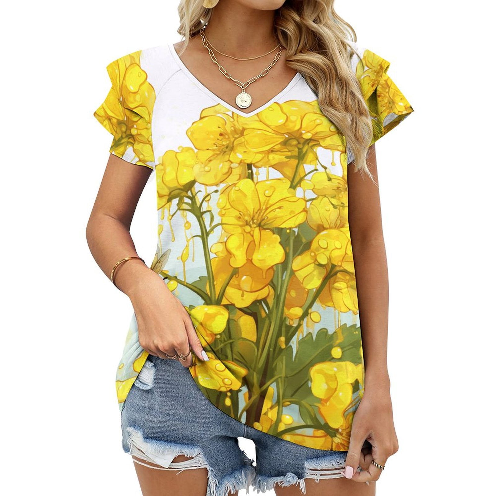 Honey Bees That Collect Nectar Women Lotus Leaf Neck Short Sleeve Top ...