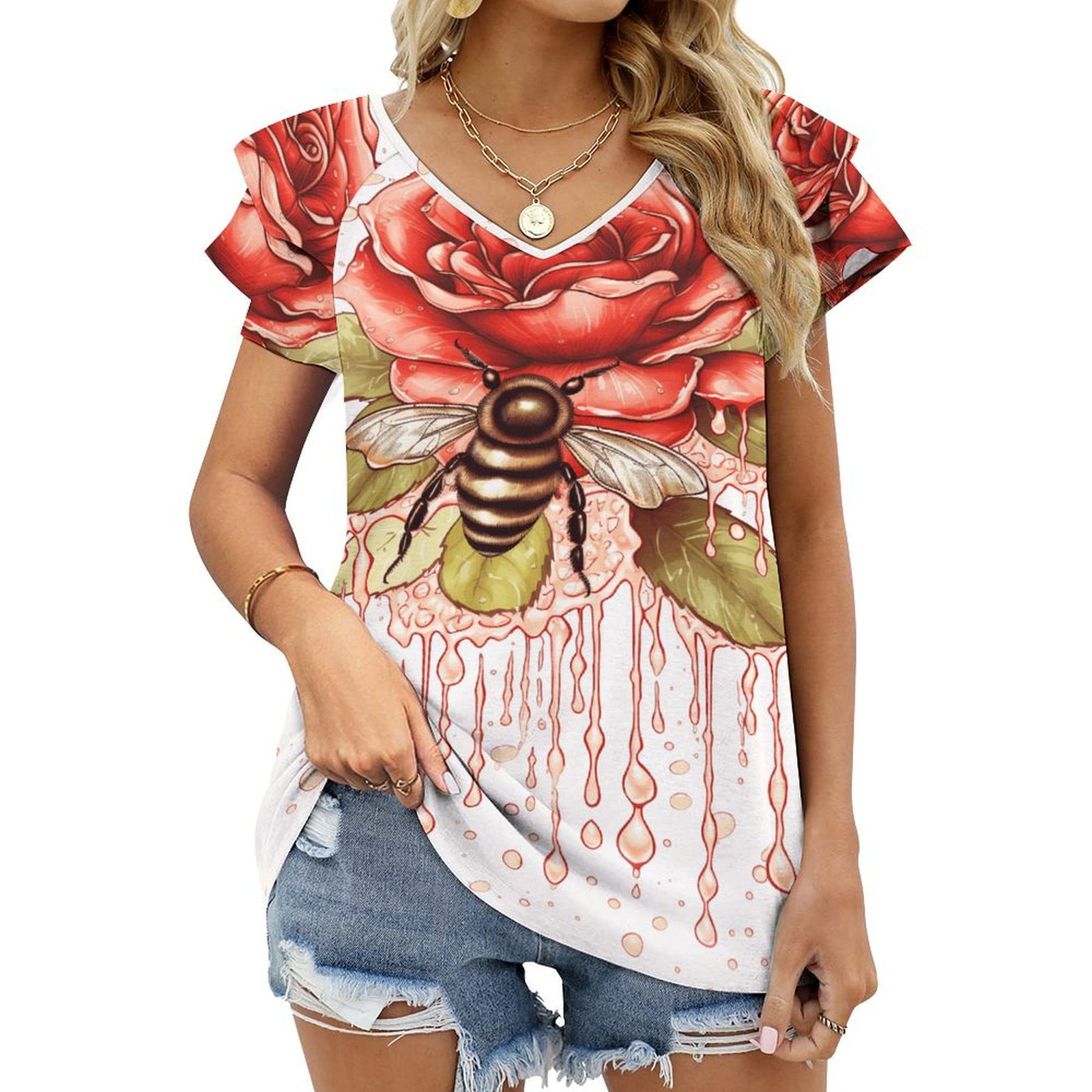 Honey Bees That Collect Nectar Women Lotus Leaf Neck Short Sleeve Top ...