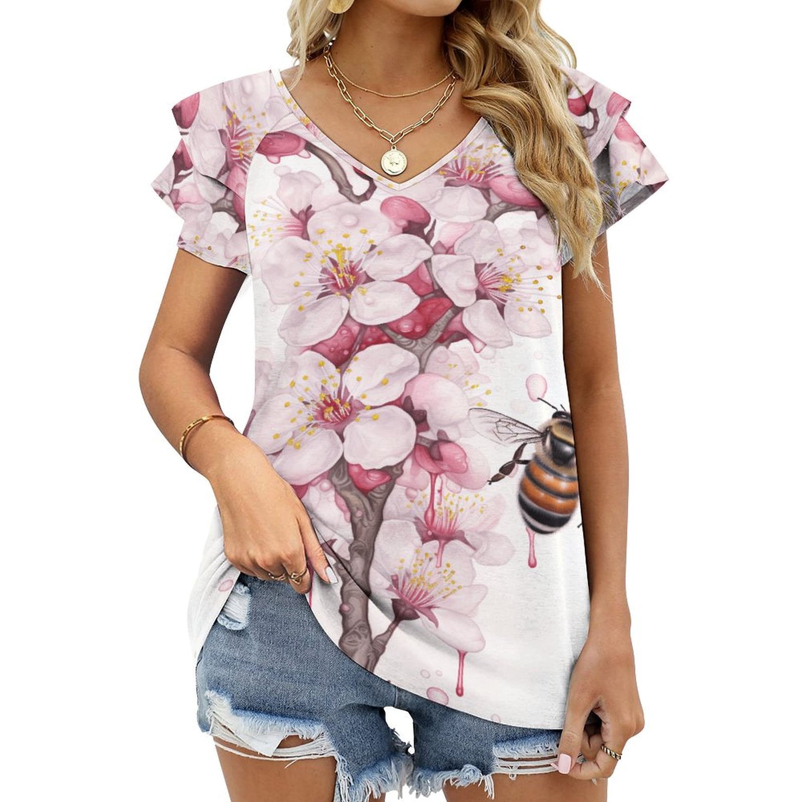 Honey Bees That Collect Nectar Women Lotus Leaf Neck Short Sleeve Top V ...