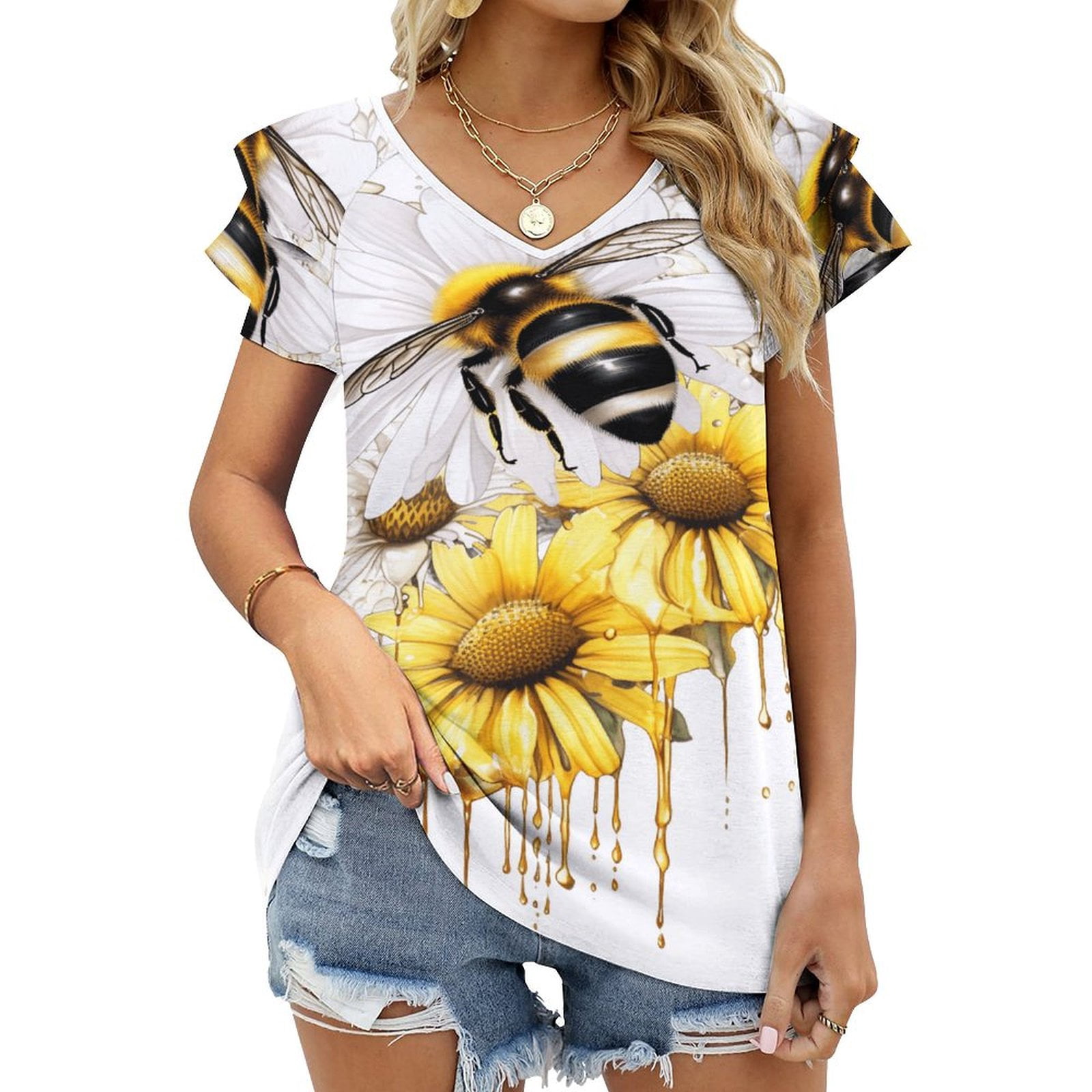 Honey Bees That Collect Nectar Women T Shirt V Neck Top Lotus Leaf Neck ...