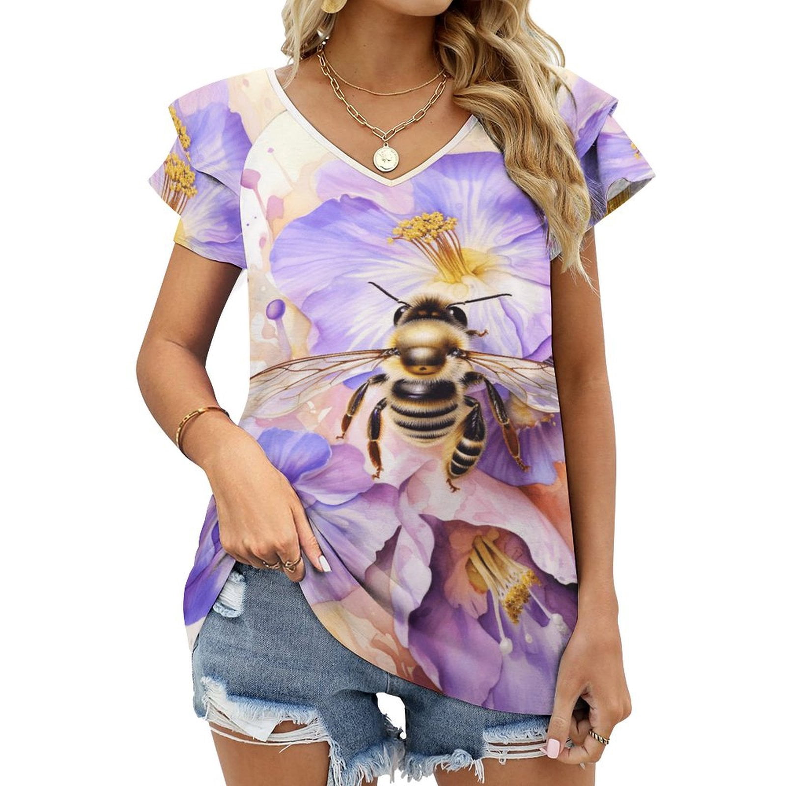 Honey Bees That Collect Nectar Women T Shirt V Neck Top Lotus Leaf Neck ...