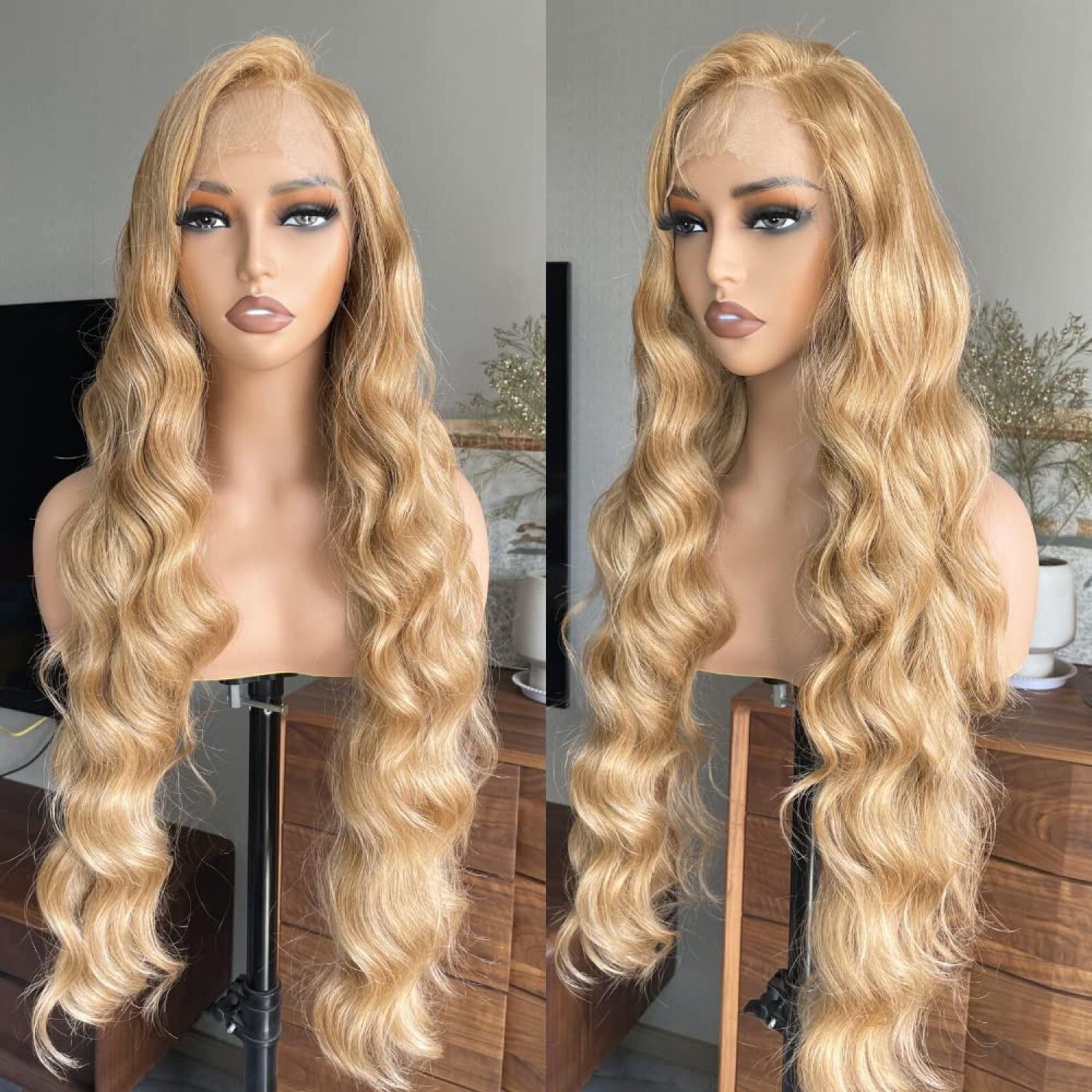 Honey Blonde 13x4 Lace Front Wig 32 Inch Loose Wave Brown Blonde Mixed Color Glueless Synthetic ...