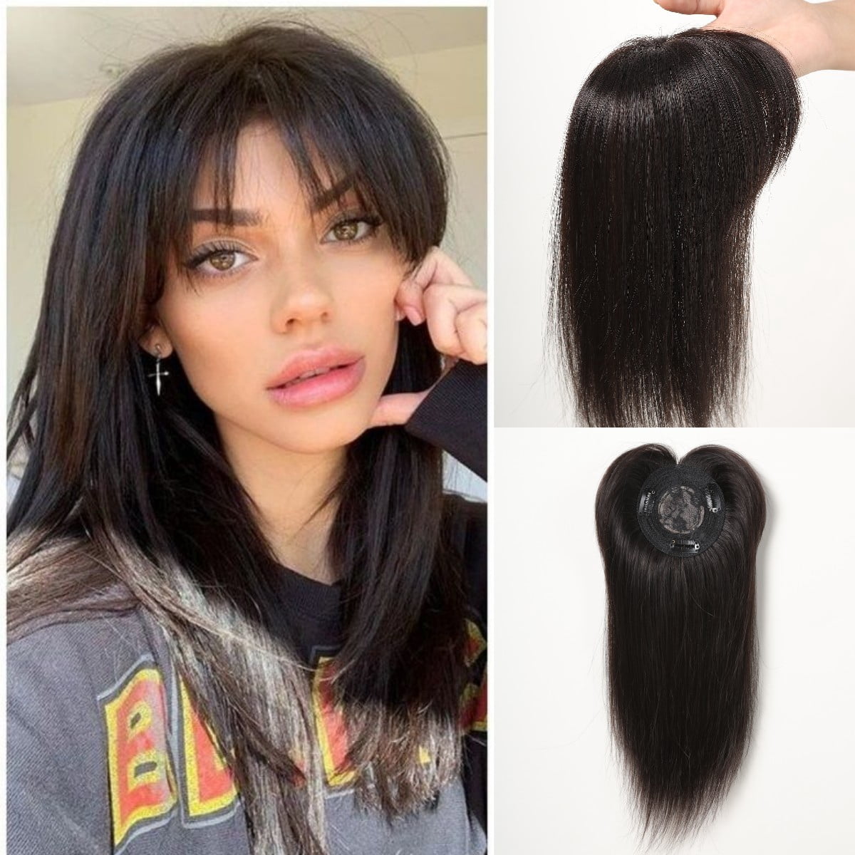 Honey Blonde Human Hair Toppers with Bangs Clips in Siik Base ...