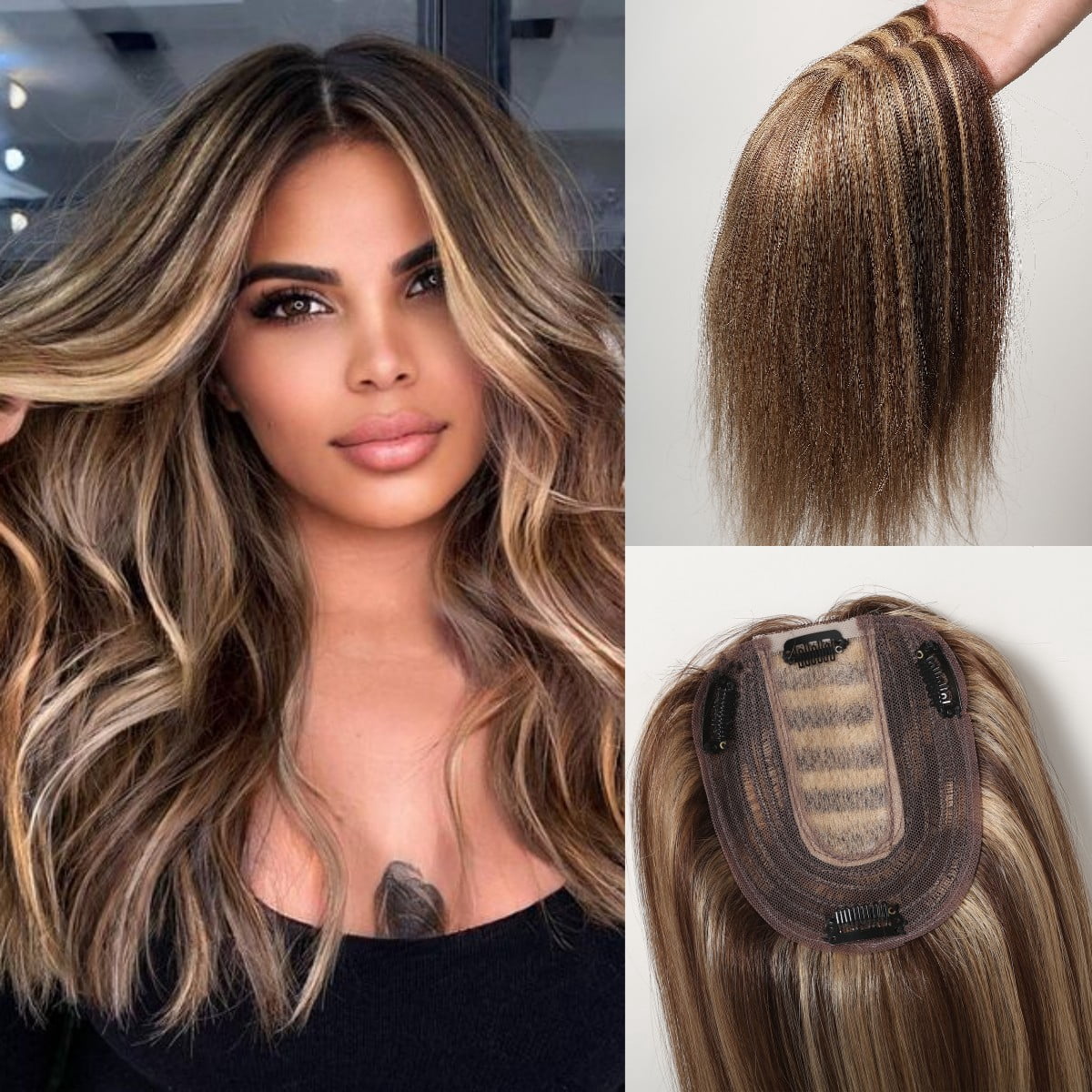 Honey Blonde Human Hair Toppers with Bangs Clips in Siik Base ...