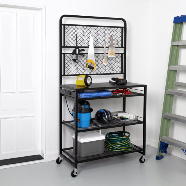 Honey-Can-Do 3-Shelf Steel Rolling Garage Workstation with Power and ...
