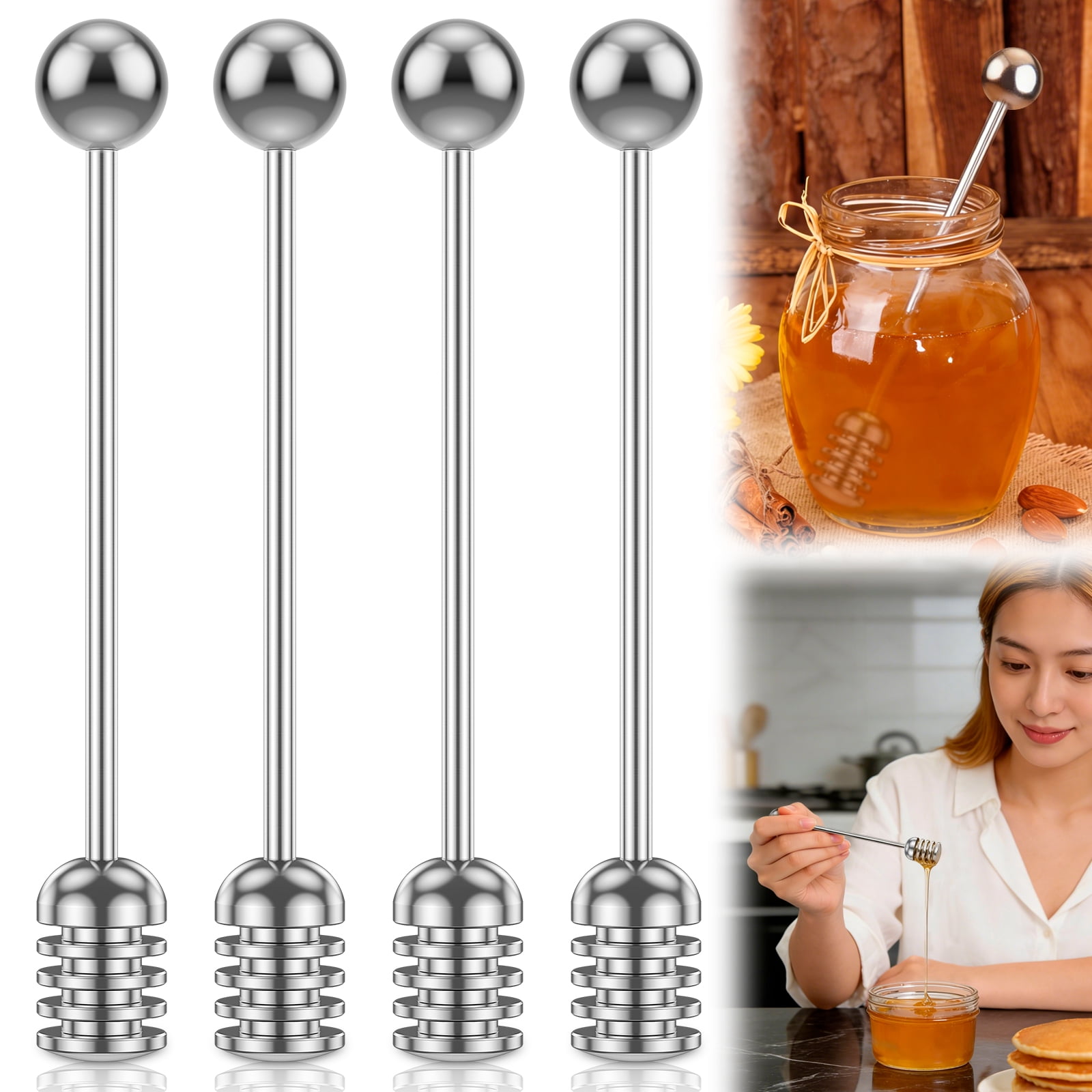 Honey Dipper Set 4 Pack Stainless Steel, Double Ended 6.1 Inch, Deep ...