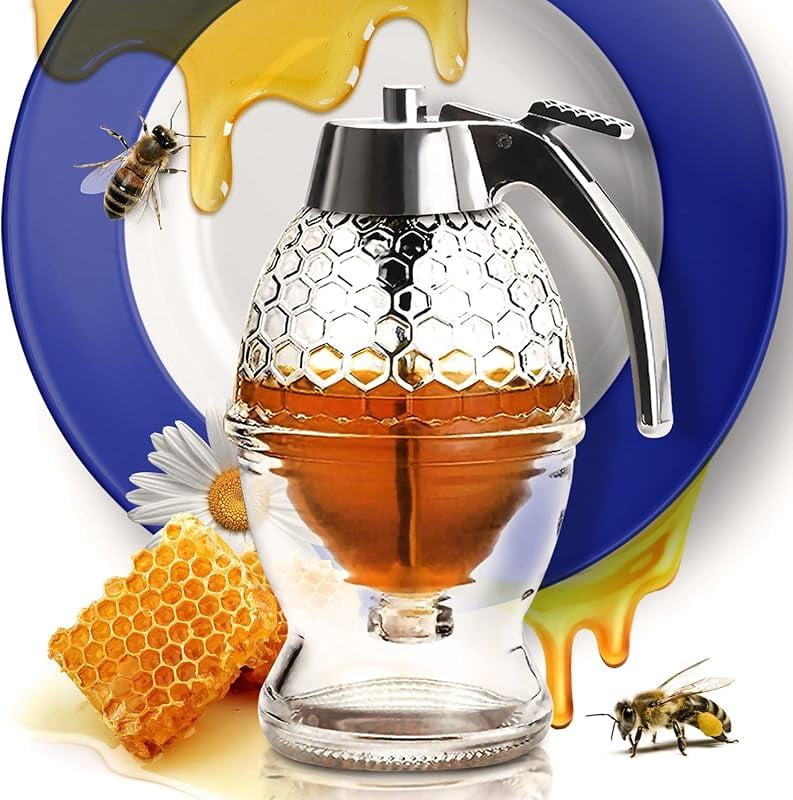 Honey Dispenser – No Drip Glass with Stand – Honey Jar – Clear Glass ...