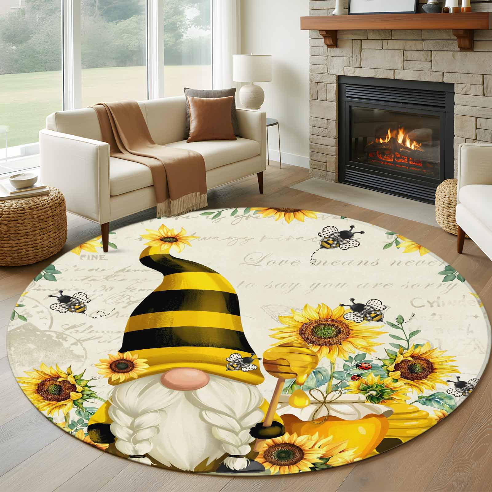 Honey Gnome 5FT Round Area Rugs for Living Room Sunflower Bee Pastoral ...