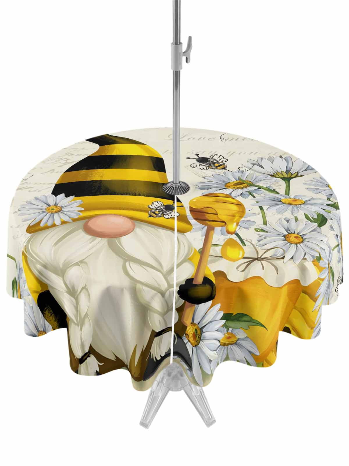 Honey Gnome Round Outdoor Tablecloth with Umbrella Hole Daisy Bee ...