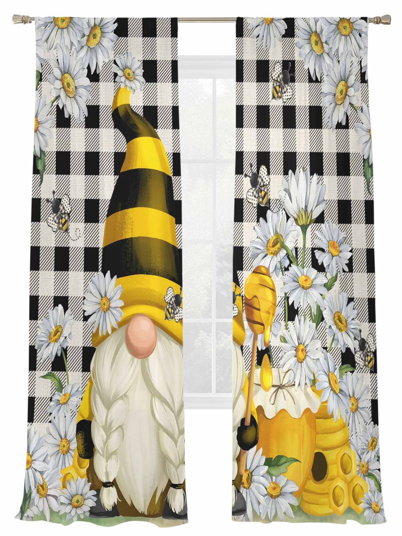 Honey Gnome Sheer Curtains 2 Panels Set Daisy Bee Pastoral Farmhouse ...