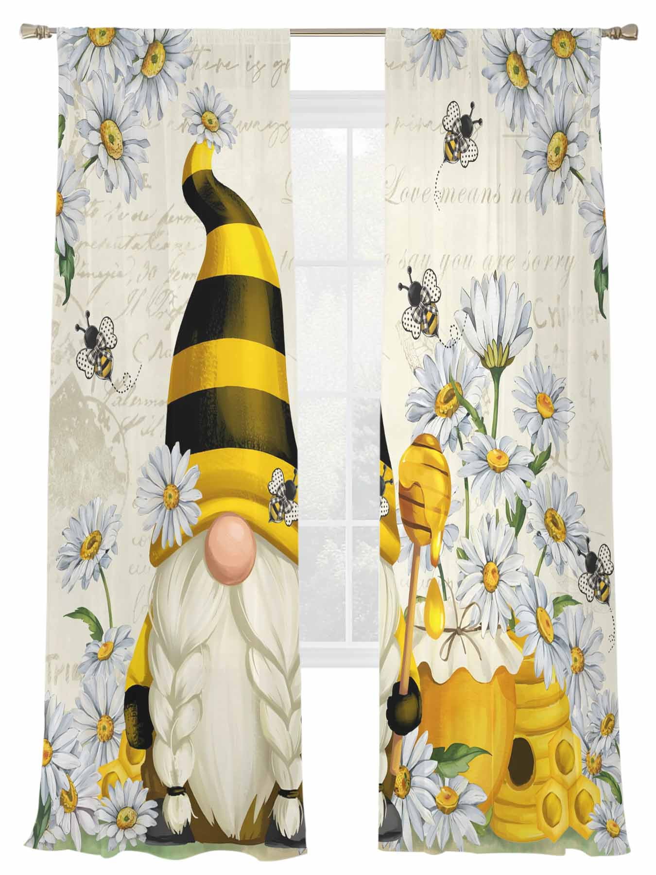 Honey Gnome Sheer Curtains for Living Room Bedroom, Daisy Bee Pastoral ...