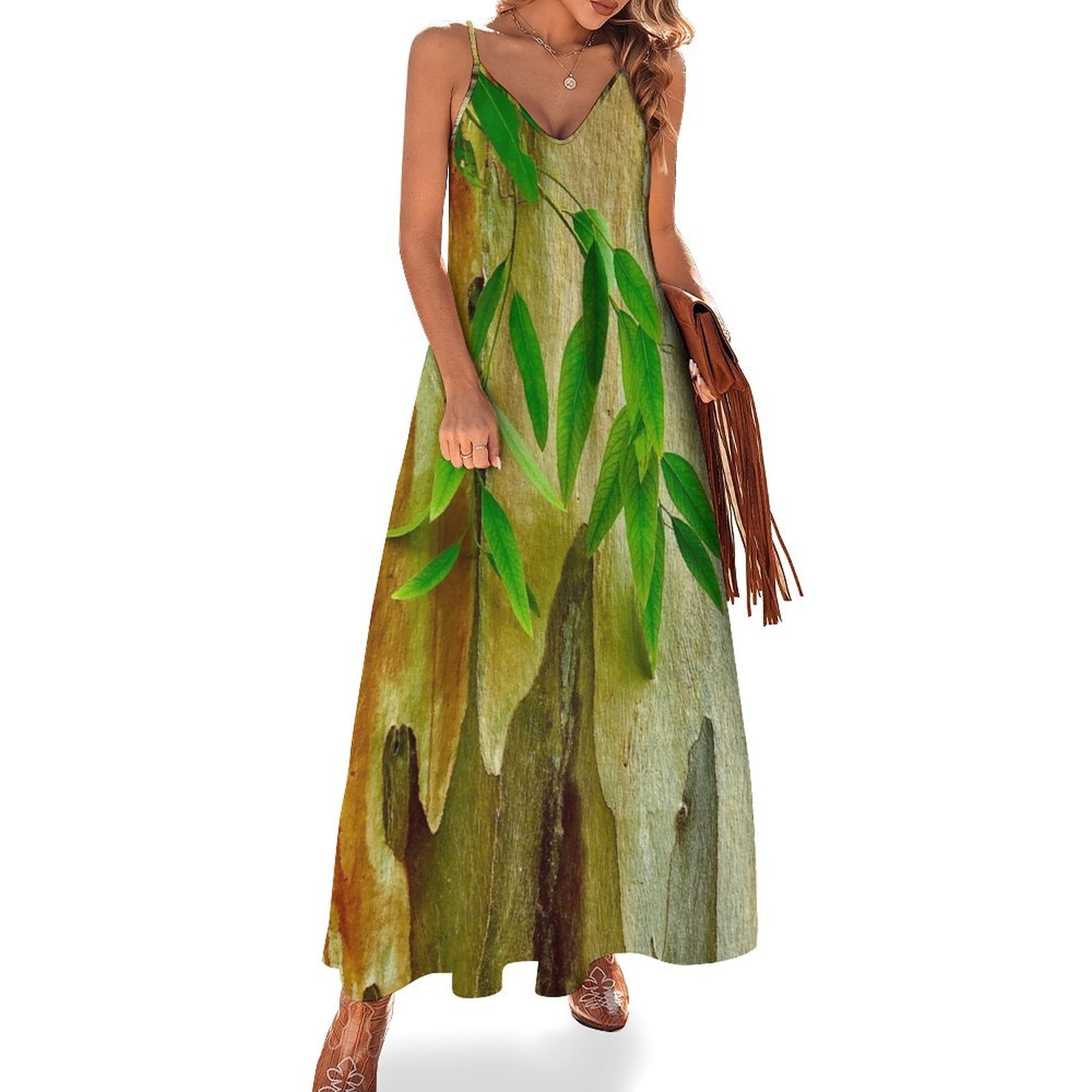 Honey-Hues Tangerine Textured Tree Bark With Leaves Sleeveless Dress ...