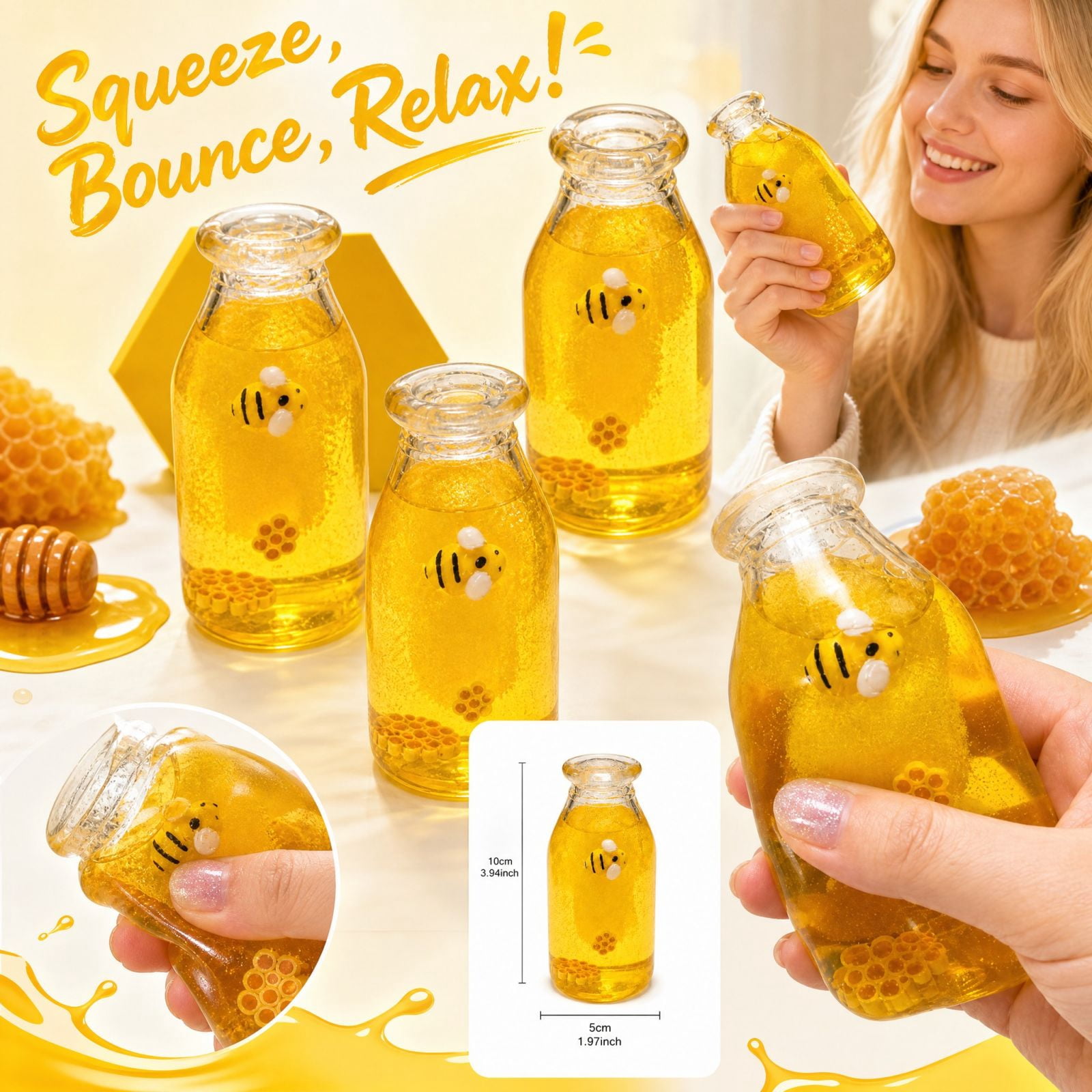 Honey Jar Squishy Toys, 3.94 in Realistic Honey Bottle Squeeze Fidgets ...