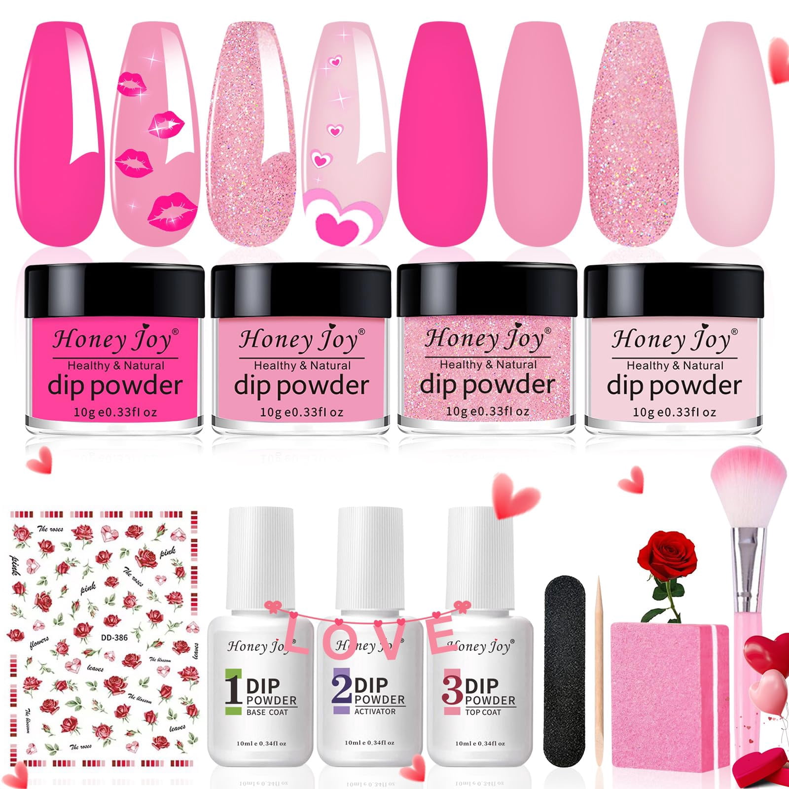 Honey Joy Dip Powder Nail Kit Starter, 4 Colors Hot Pink Glitter Fine ...