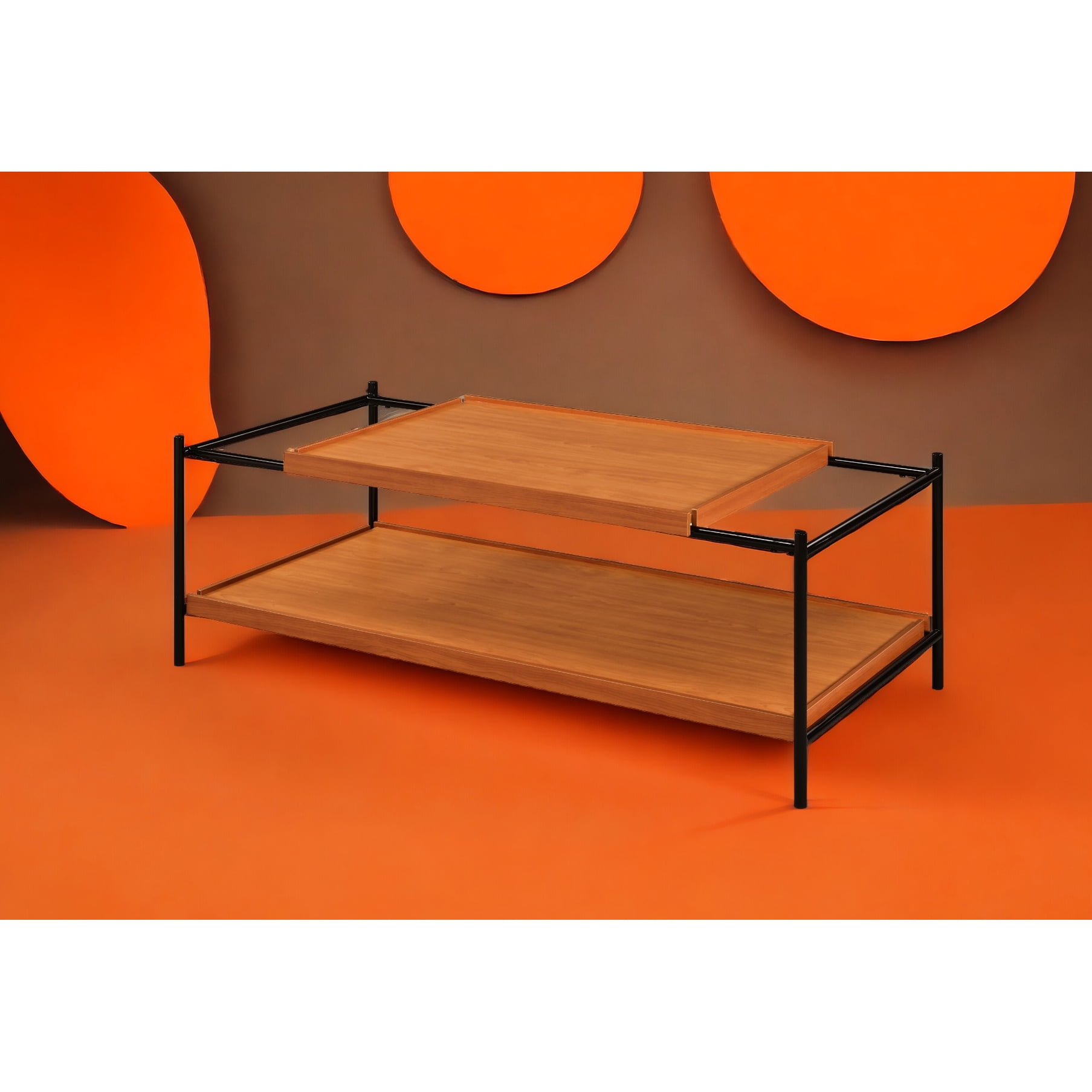 Honey Oak Colored Coffee Table, Black Metal Base, Functional Storage ...