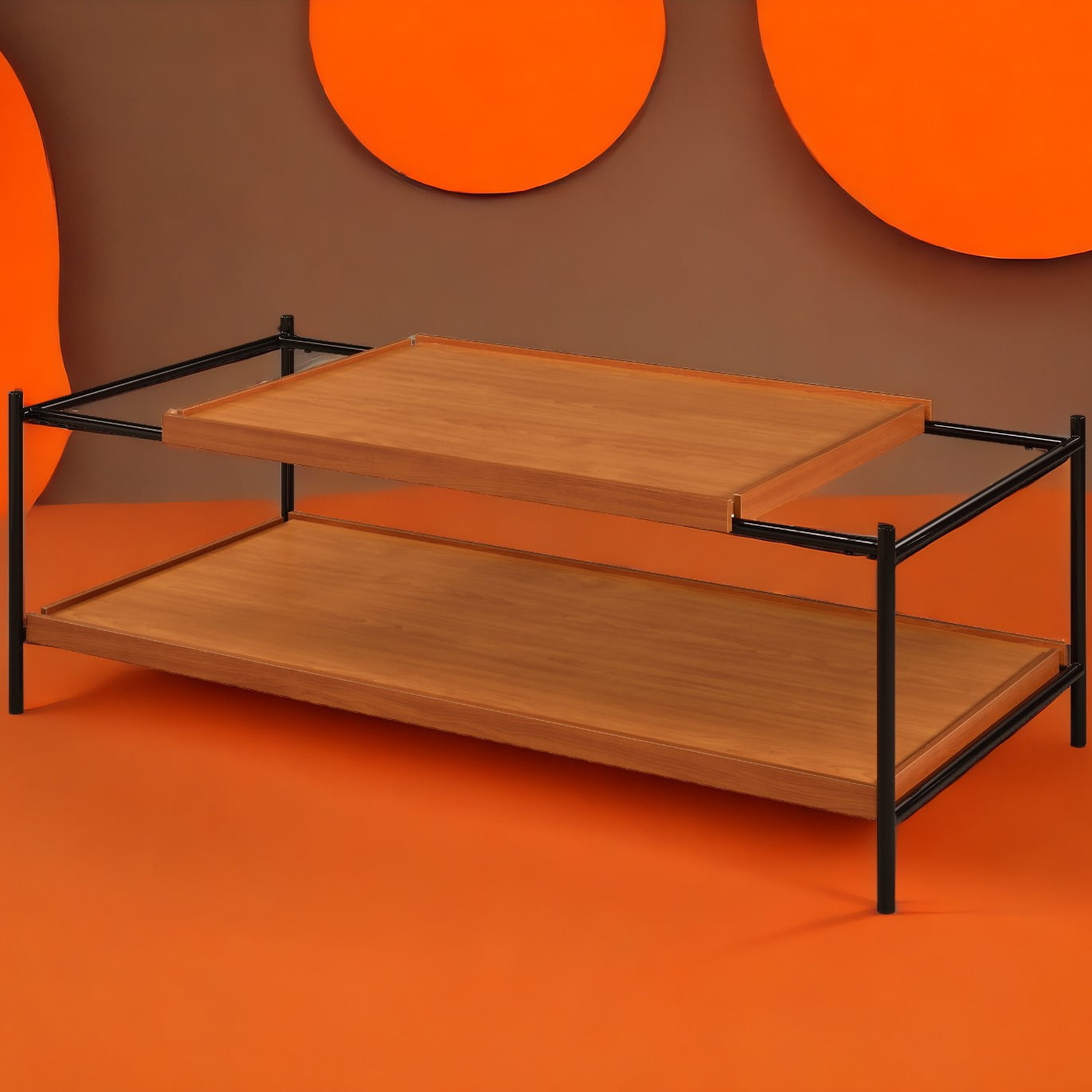 Honey Oak and Black 2 Shelf Coffee Table with Open Compartment ...