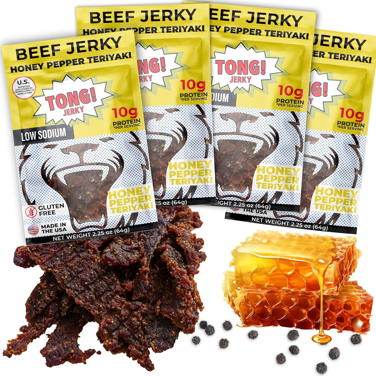 Honey Pepper Teriyaki Beef Jerky Snacks (Pack of 4) - Low-Sugar Jerky ...