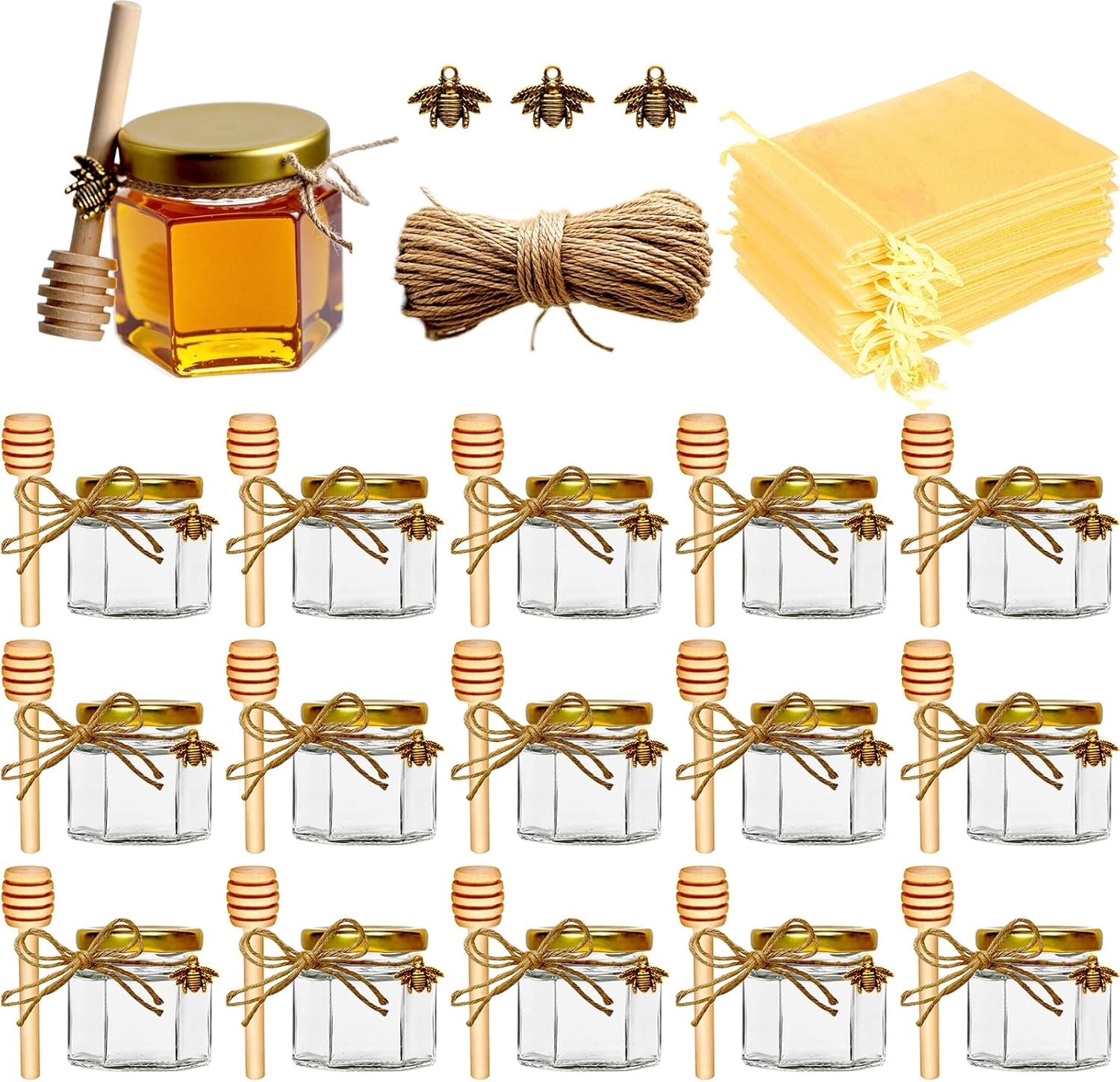 Honey Pot, Mini Glass Honey Jars with Wood Dipper, Gold Lid, Bee Charms ...