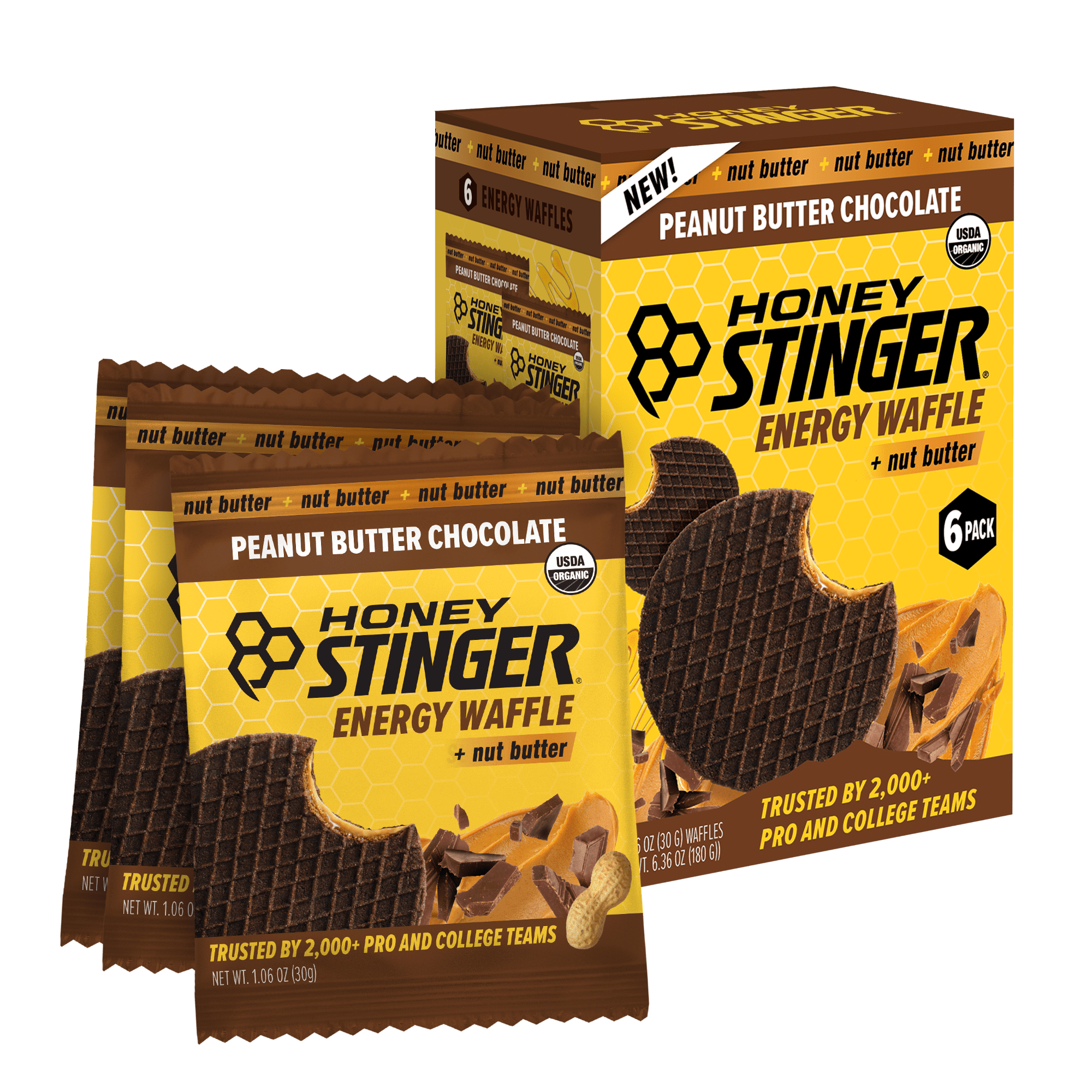 Honey Stinger Organic Energy Waffle Snack, Peanut Butter Chocolate, 1.06 oz, 6 Count Box ...