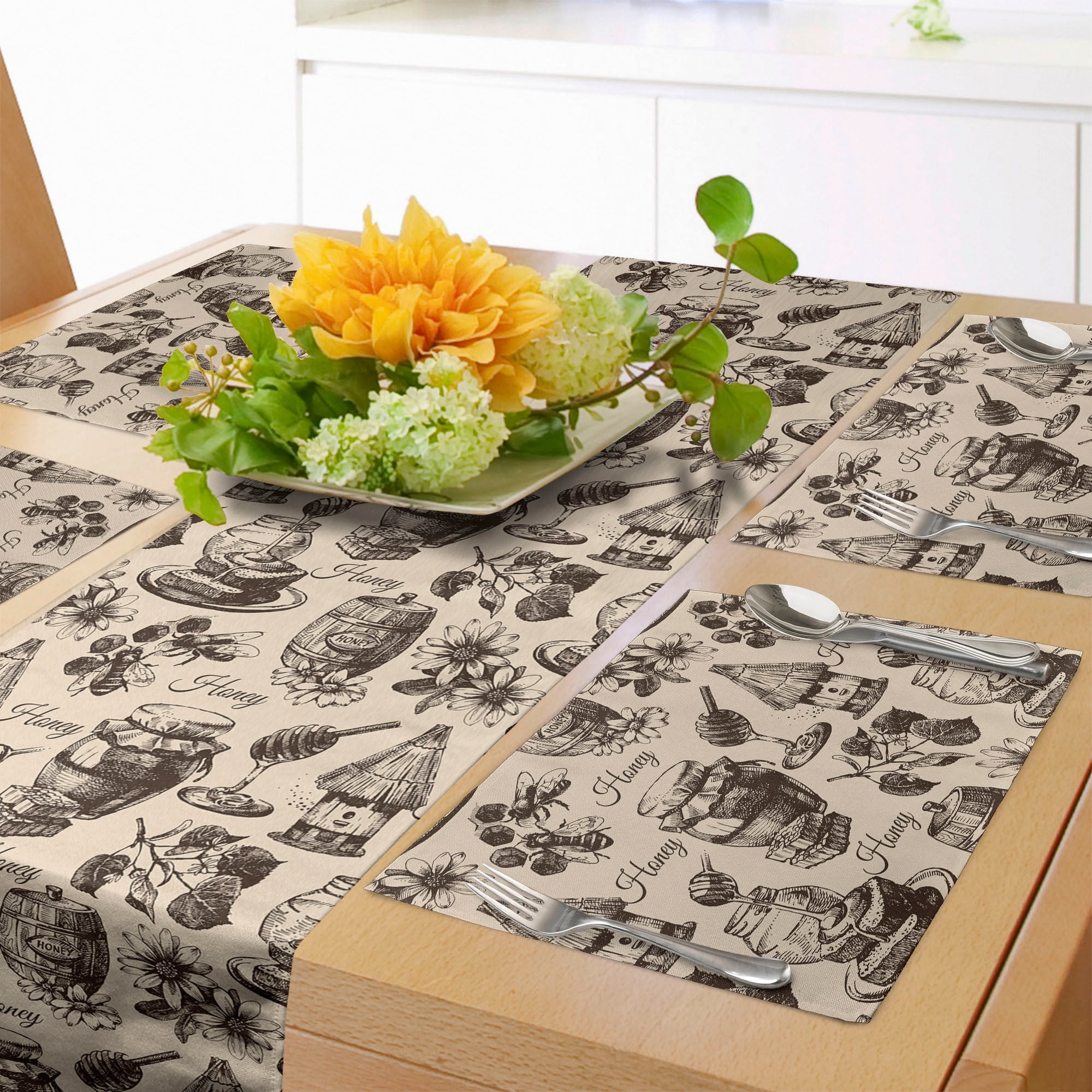 Honey Table Runner & Placemats, Hand Drawn Sketch Illustration Vintage ...