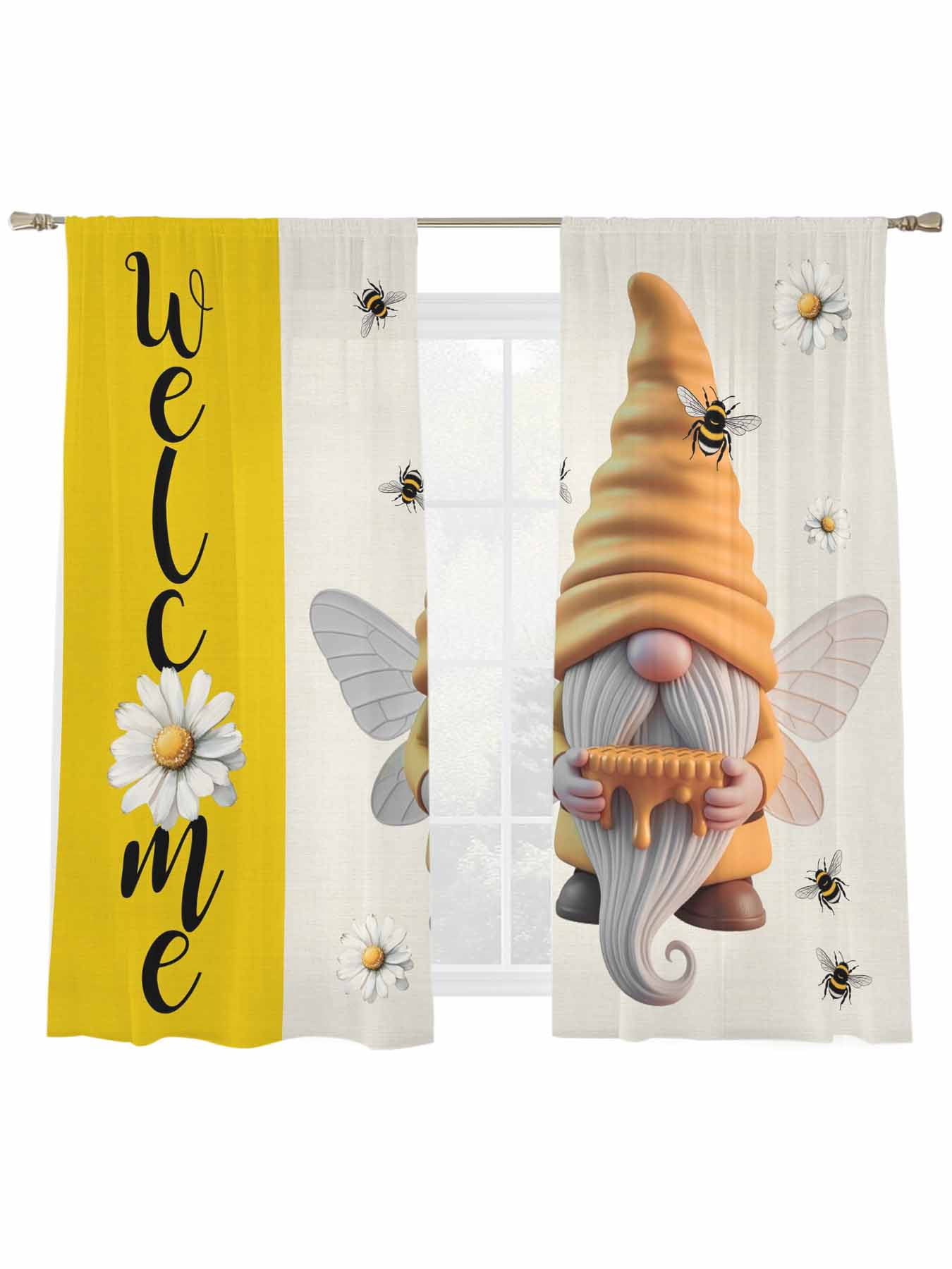 Honey Welcome Sheer Curtains 2 Panels Set Yellow Bee Gnome Wings Daisy ...