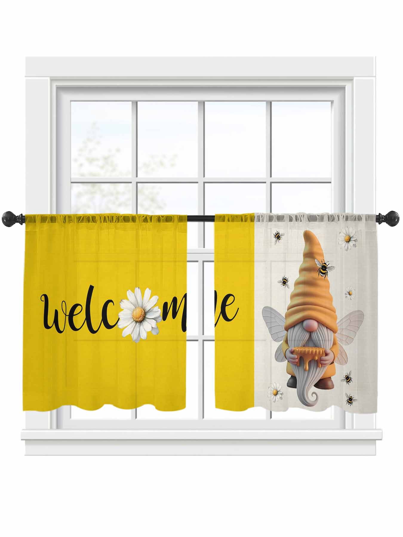 Honey Welcome Sheer Curtains 2 Panels Set Yellow Bee Gnome Wings Daisy ...