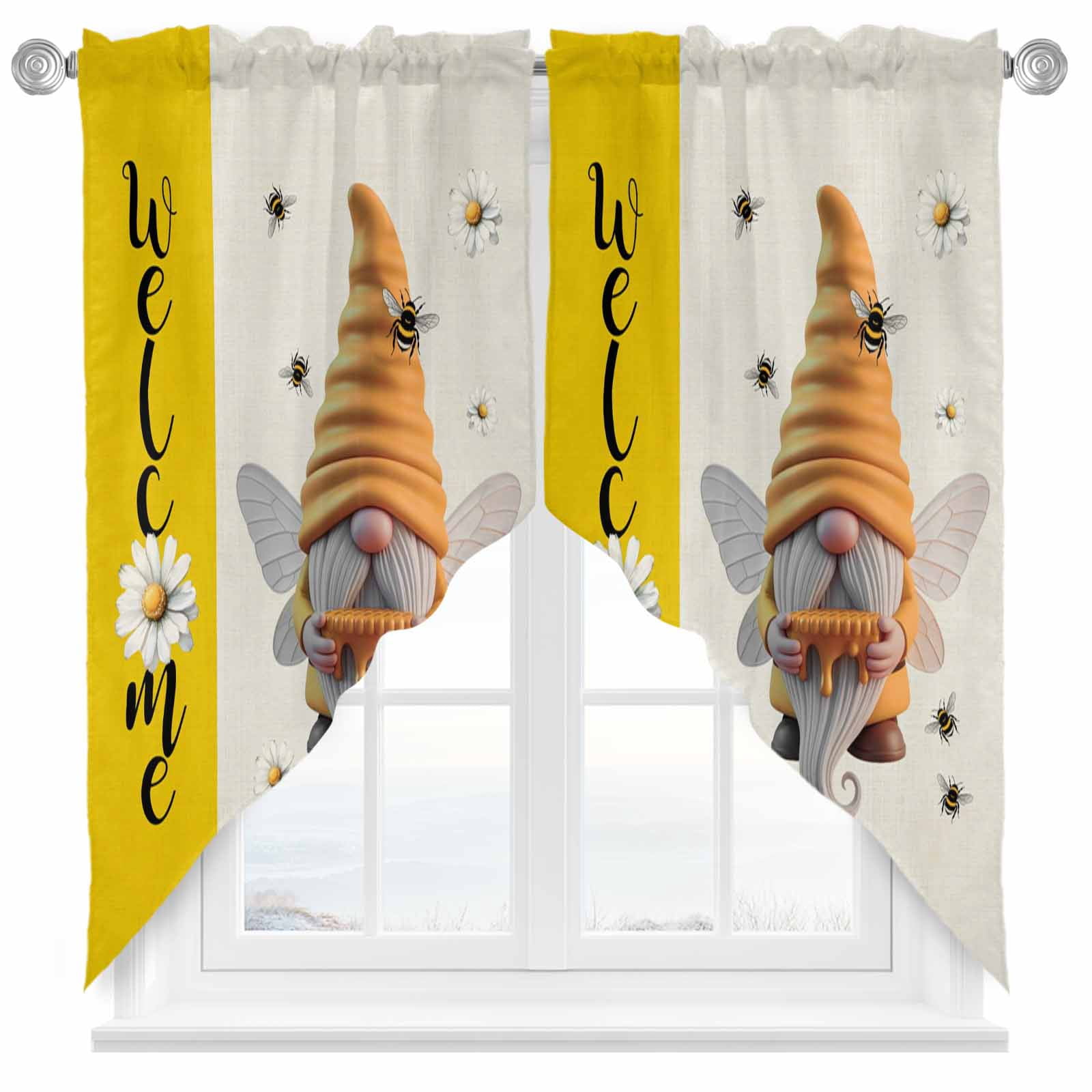 Honey Welcome Swag Kitchen Curtain Valances, Yellow Bee Gnome Wings ...